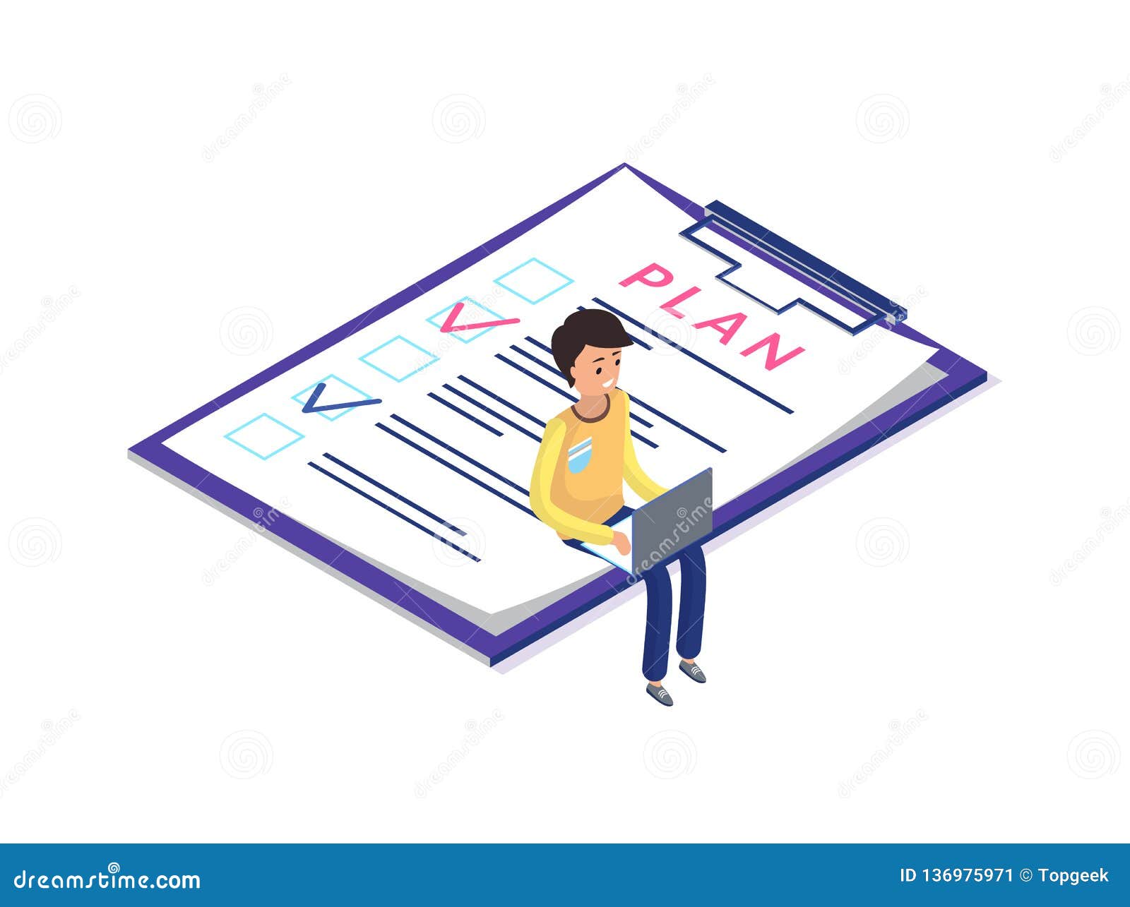 Plan on Clipboard Paper, Man with Laptop Working Stock Vector ...
