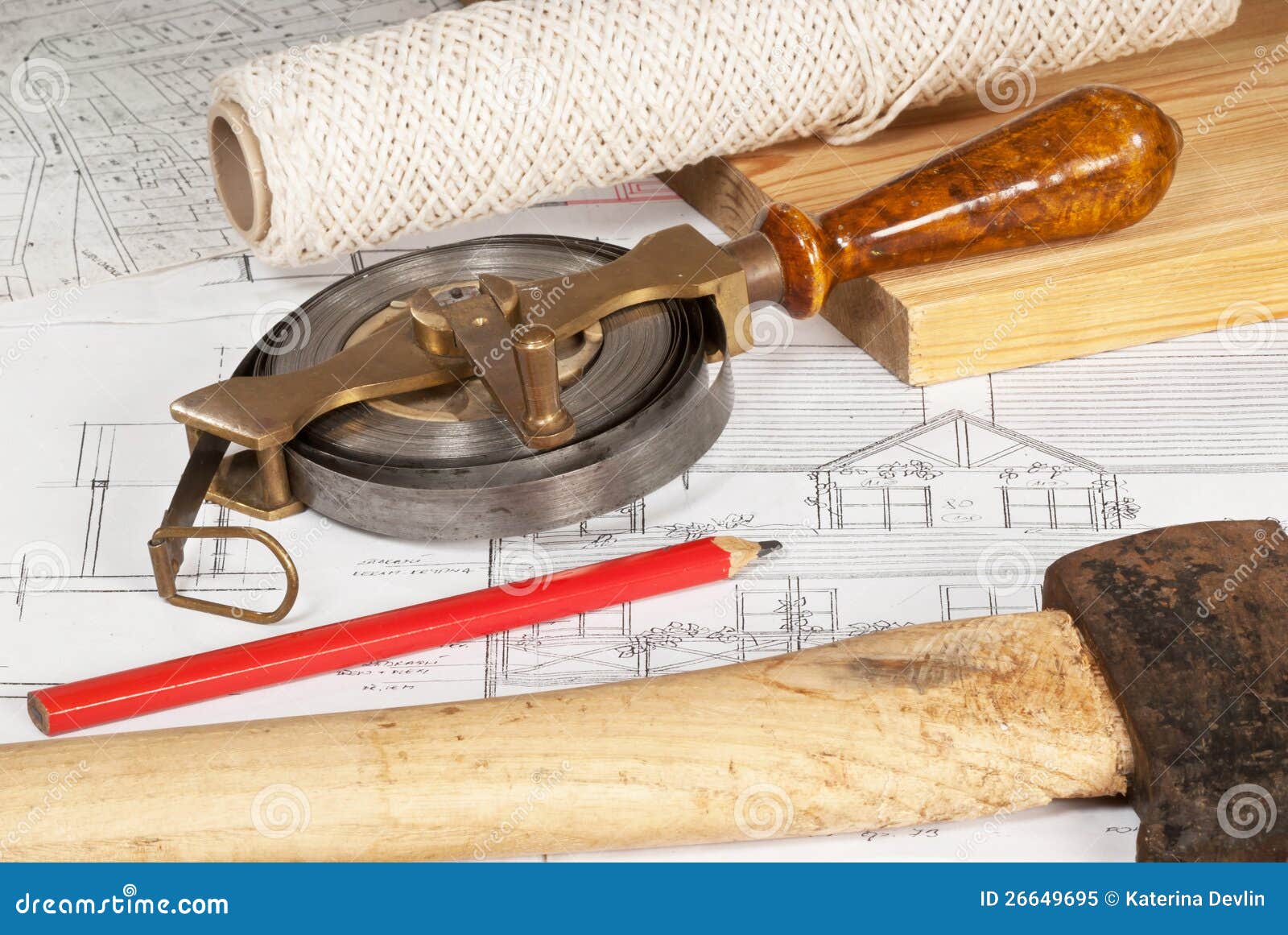 Plan with old tools stock image. Image of brassy, drawing - 26649695