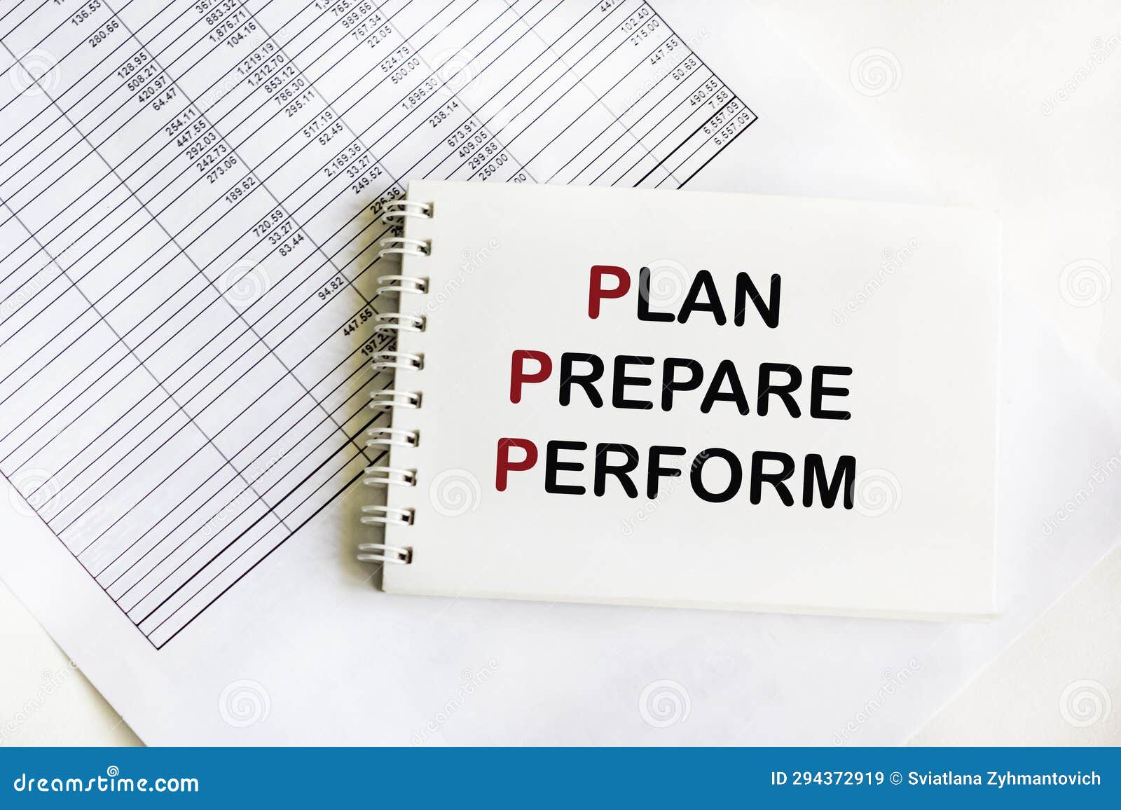 PLAN PREPARE PERFORM Text on Notepad and White Background Stock Image ...
