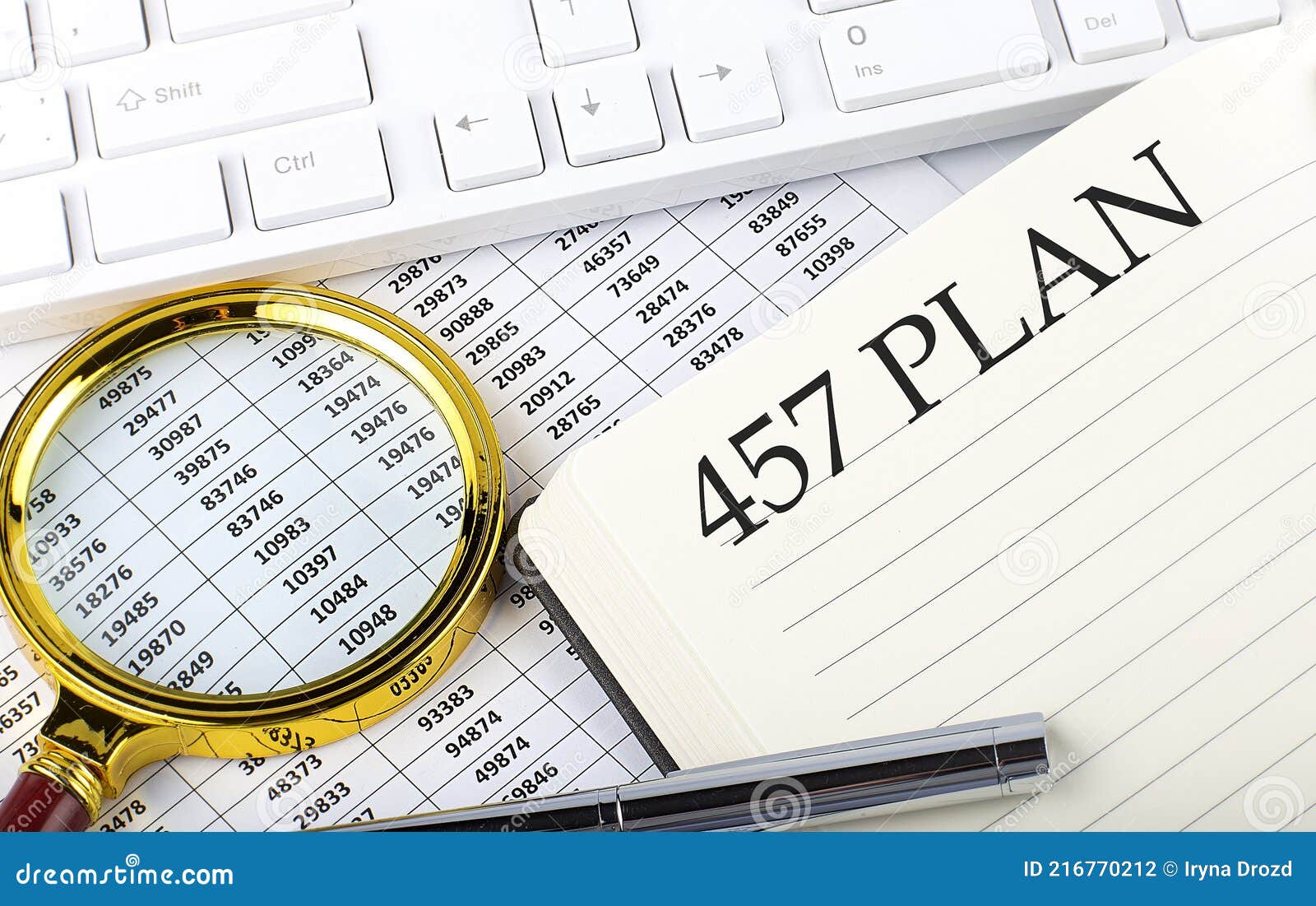 457 PLAN Text on Notebook with Chart, Magnifier,keyboard and Pen Stock ...
