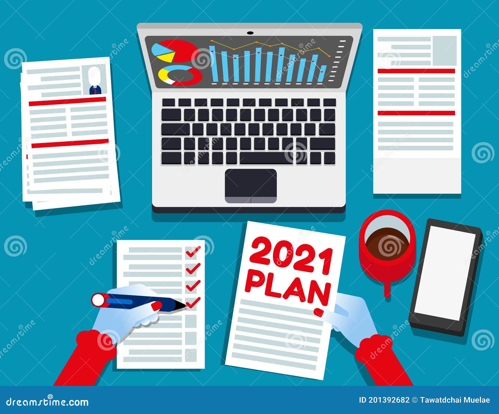 2021 Plan Text with Office Accessories. Top View for Above Stock Vector ...