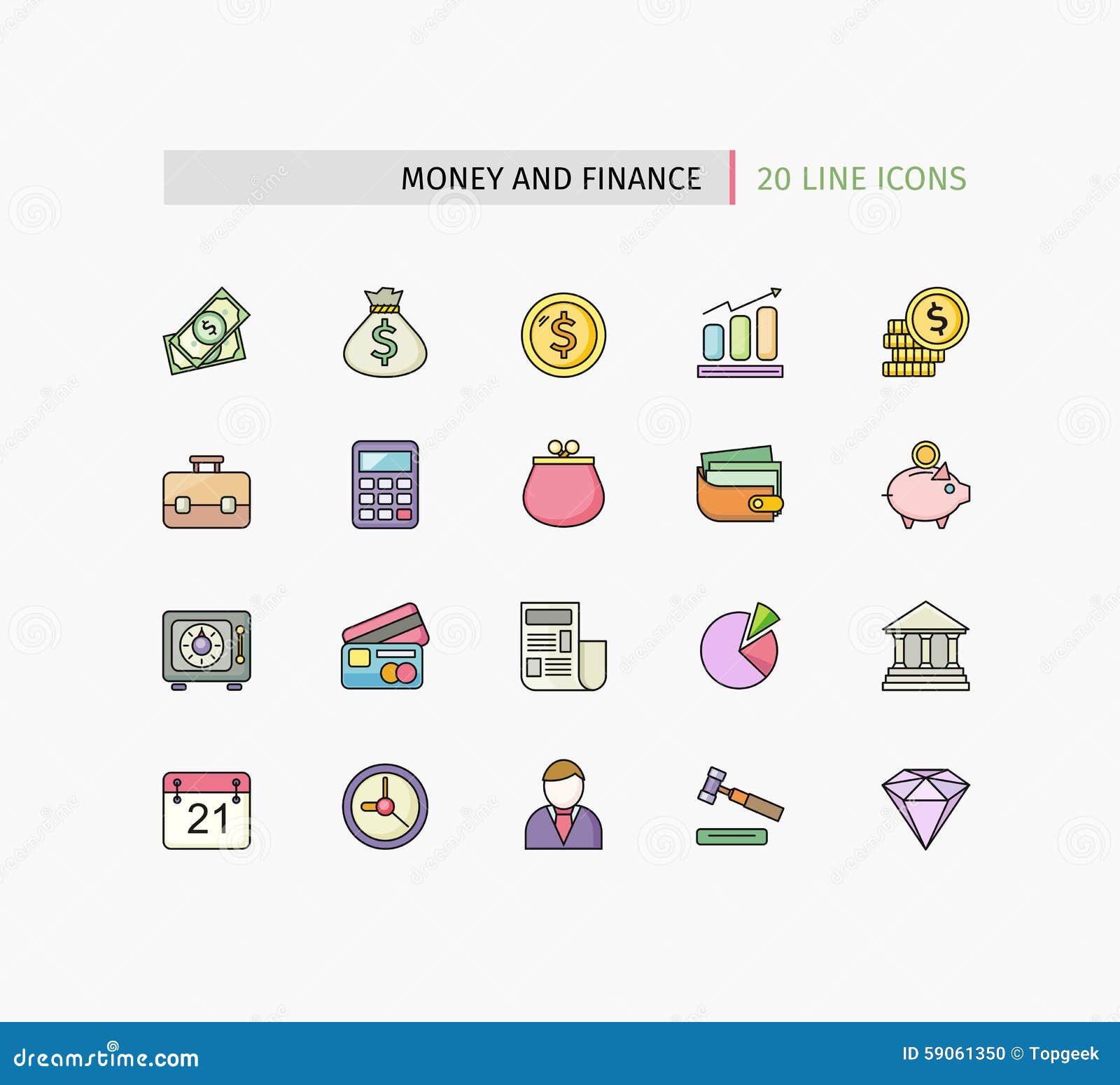 Plan Tunn Linje Symboler Av Pengar Och Finans Vektor Illustrationer ...