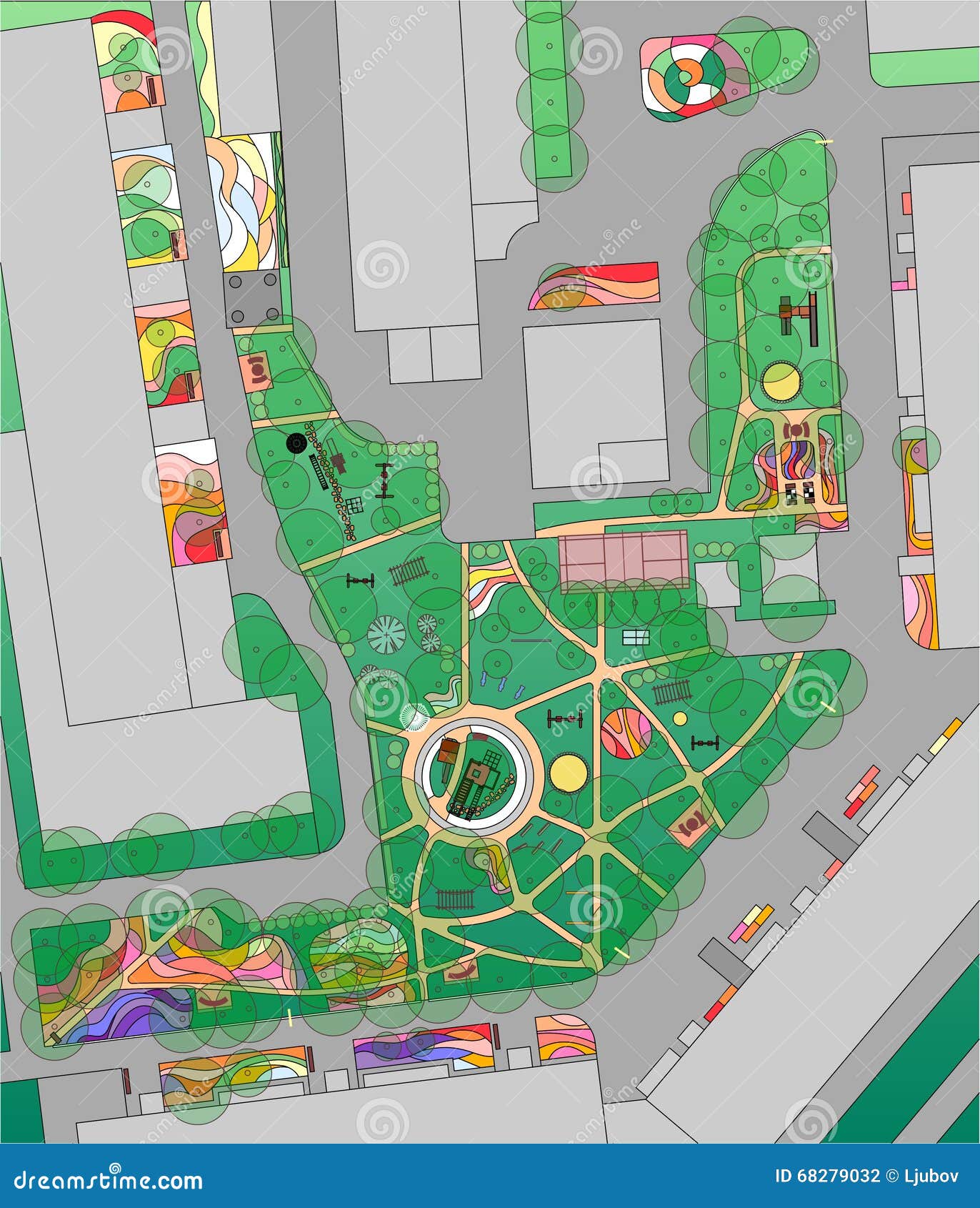 Plan Of Urban Yard With Trees, Flowerbed And Playgrounds. Royalty-Free ...