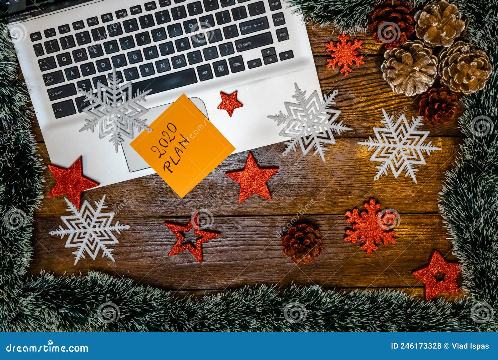 2020 Plan Writing on Sticky Note on Keyboard. Christmas Decorations on ...