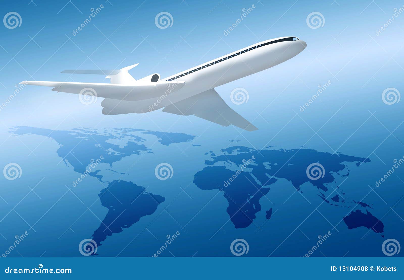 Plane on Blue Background with World Map Stock Illustration ...