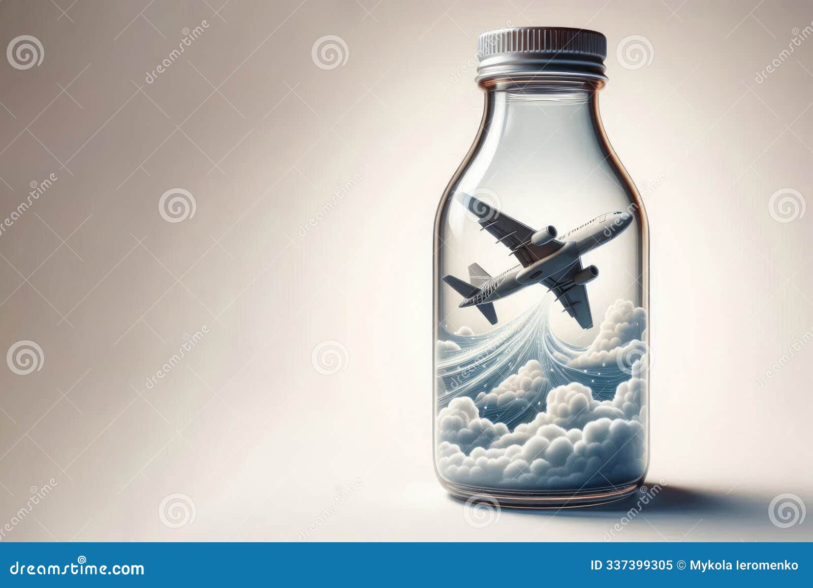 A Plane in a Bottle, Flying among the Clouds. Space for Text. Stock ...