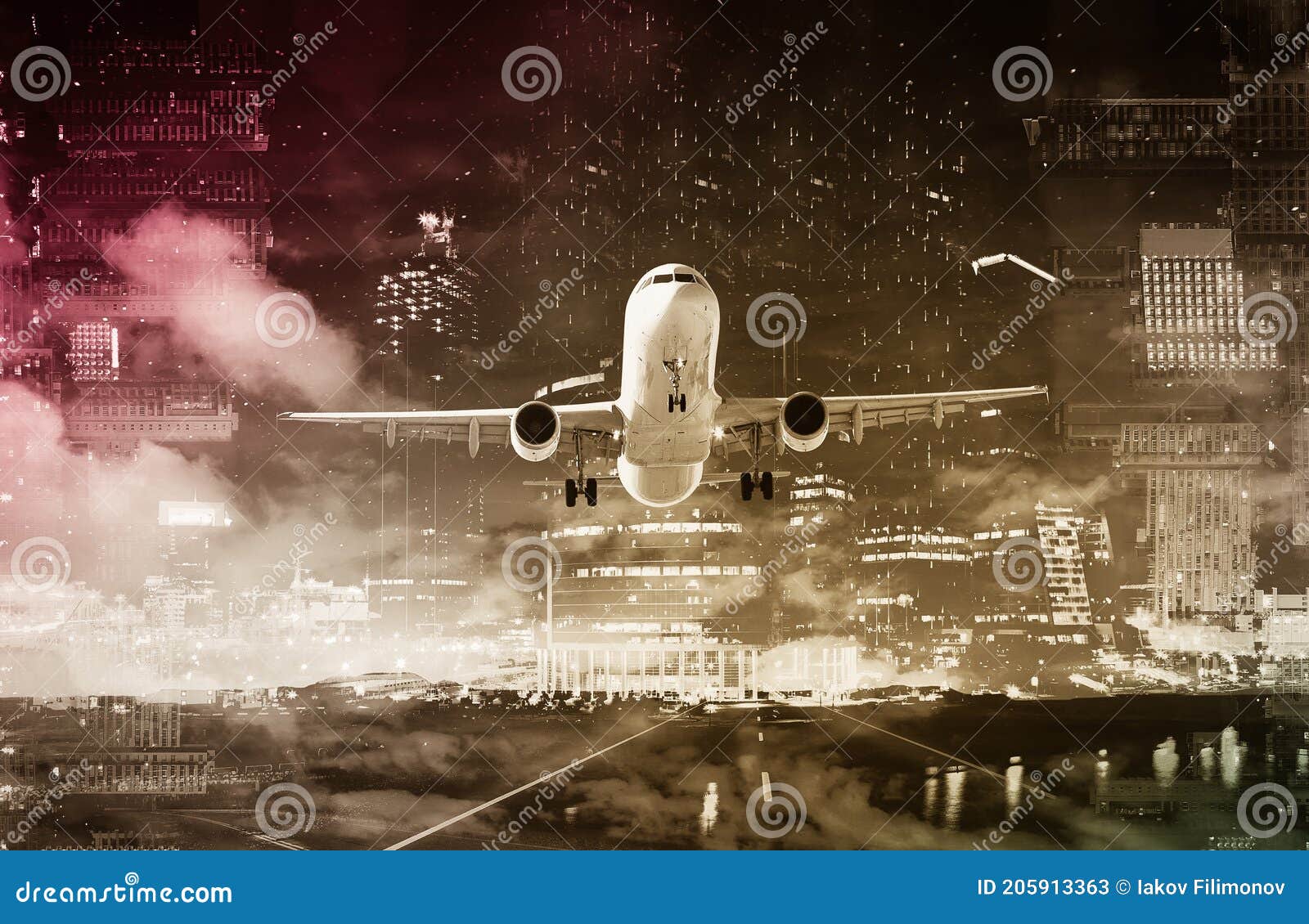 Plane on city background stock image. Image of composition - 205913363