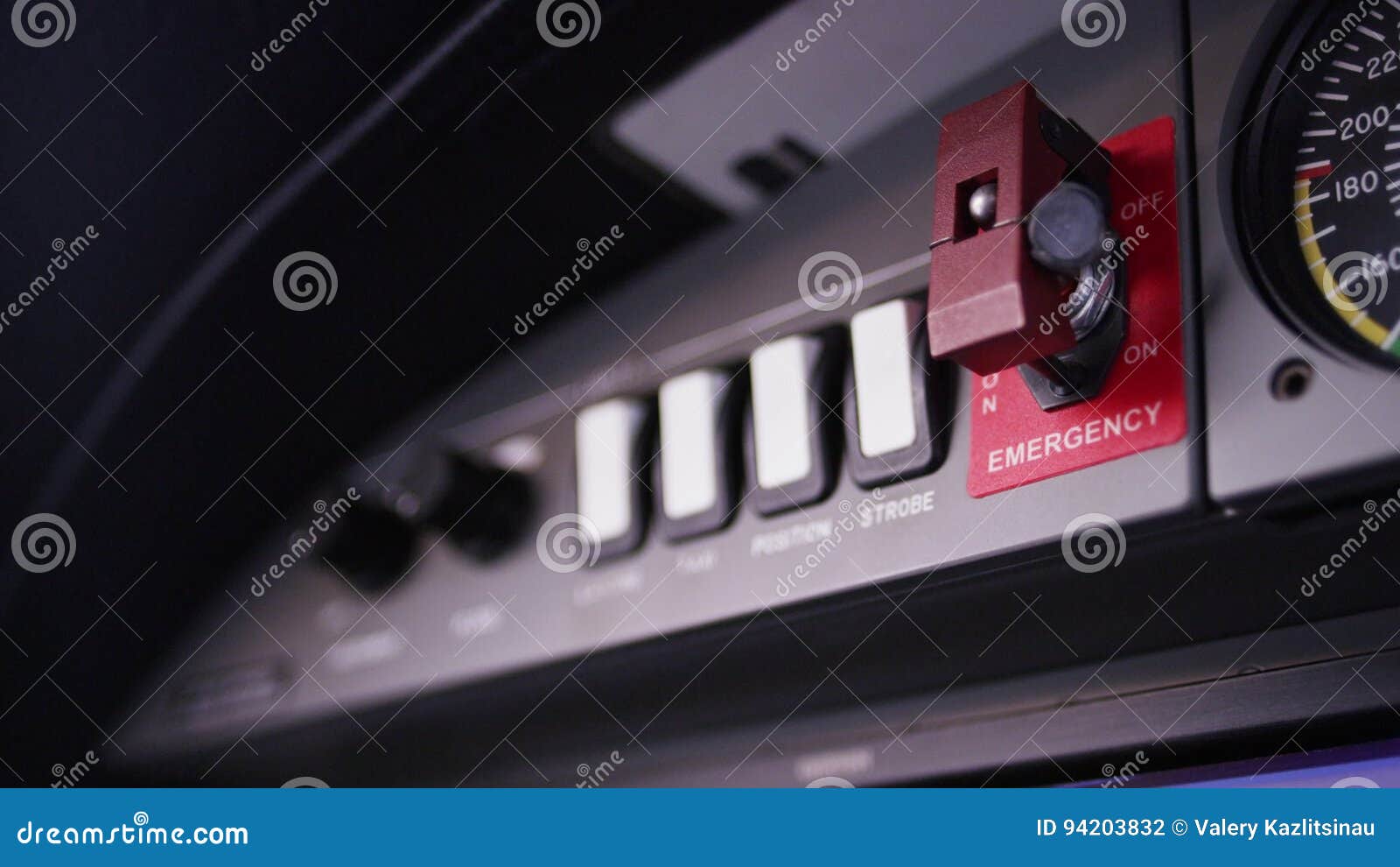 Plane Control Panel. Switches on Plane Cockpit. Red Emergency Button in ...