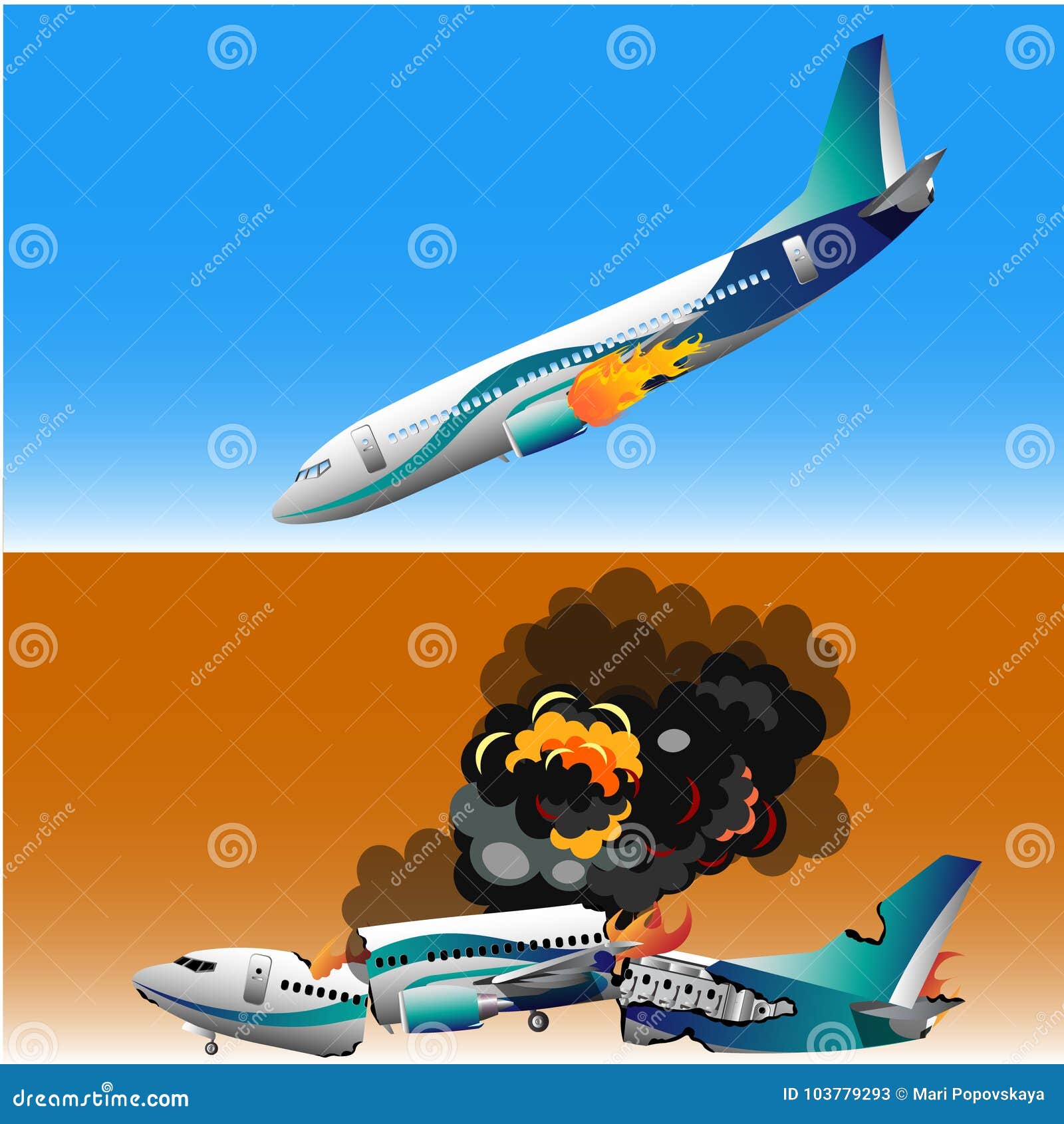 Plane crash with fire stock vector. Illustration of bombing - 103779293