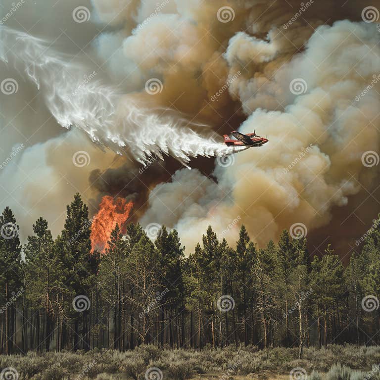 Plane Dropping Water on Forest Fire Creating Dramatic Scene Stock Photo ...