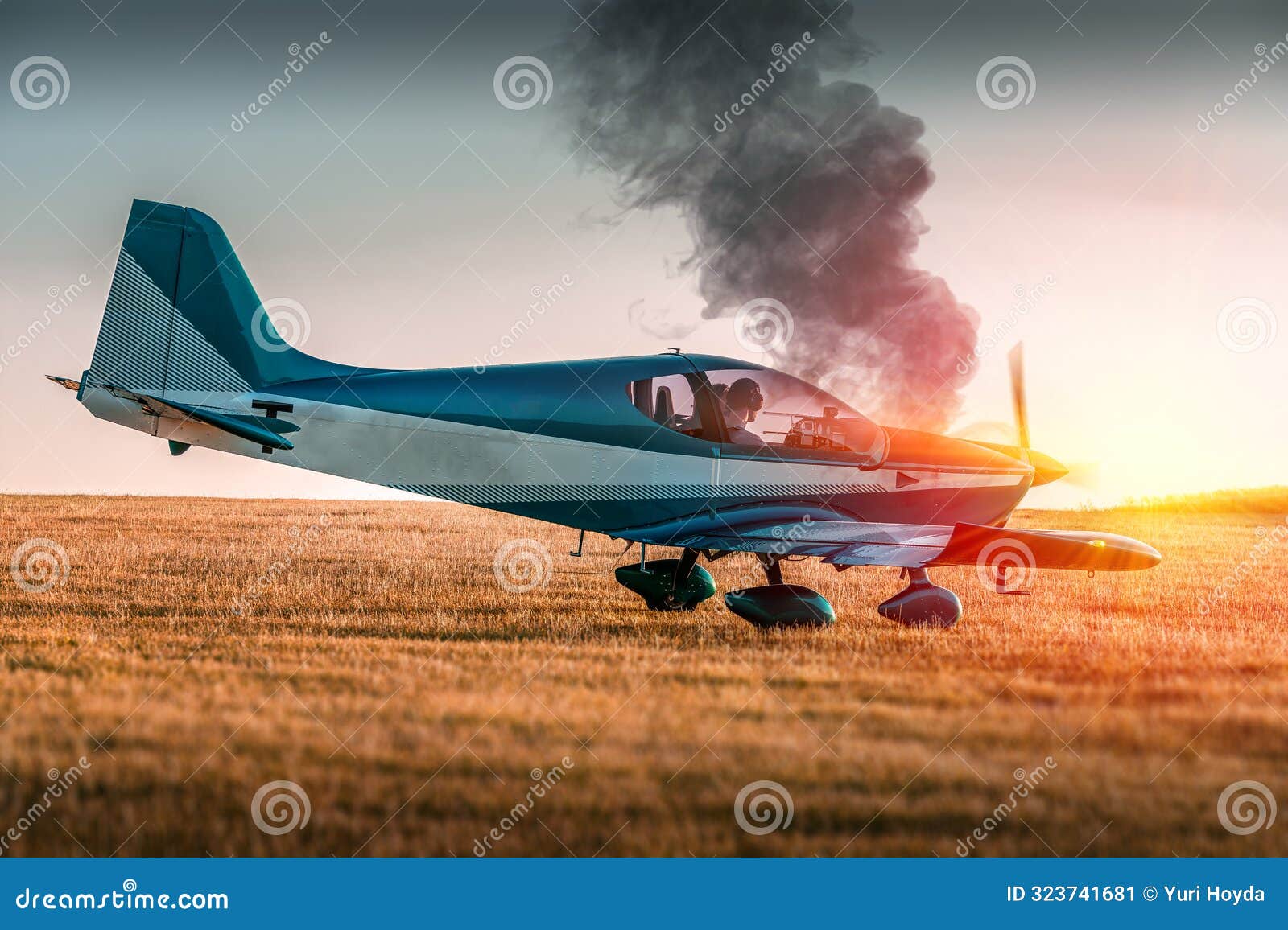 Plane Emergency Landing. Airplane with Smoke from the Engine. Fire in ...