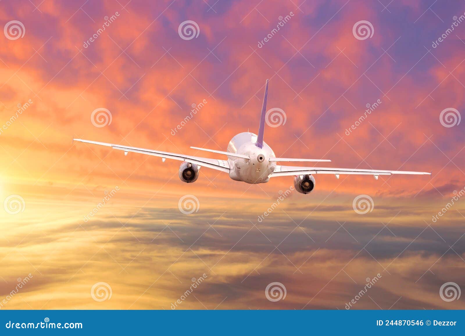 The Plane Flies into the Distance the Sunset Sky is Beautifully ...