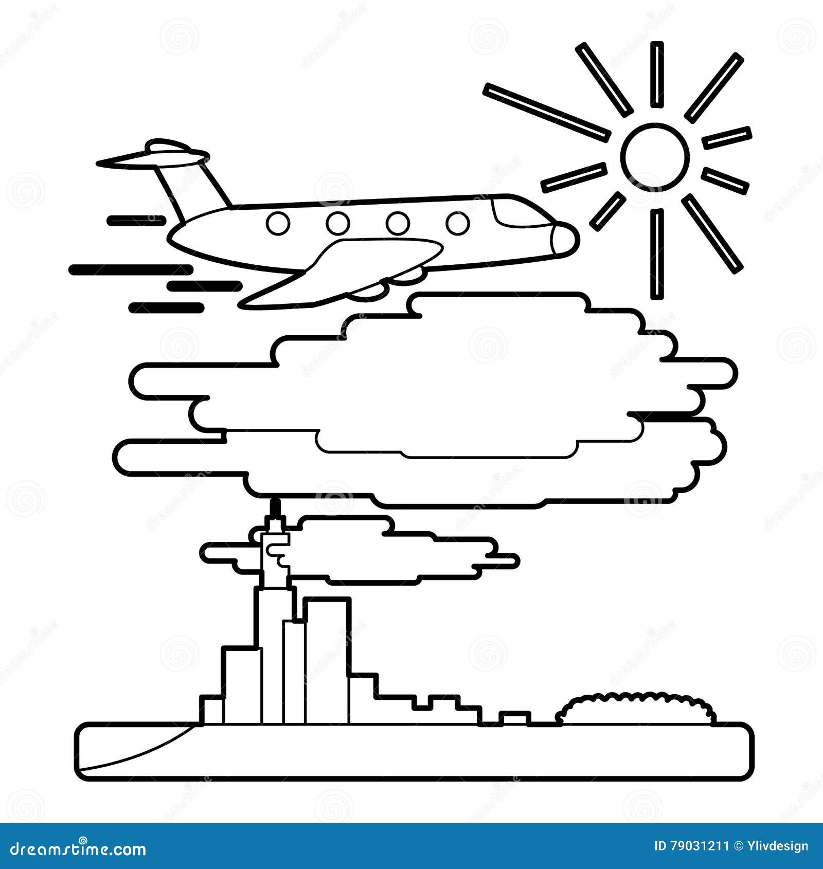 Plane Flies Over City Concept, Outline Style Stock Vector ...