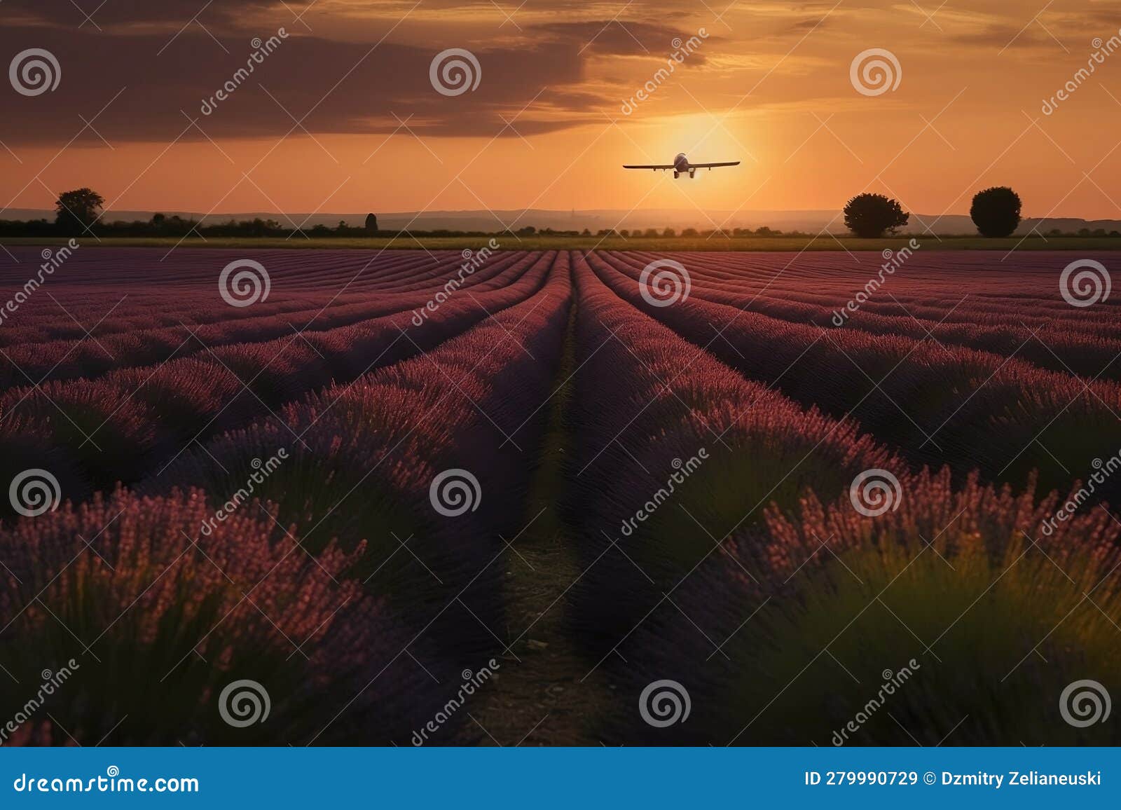 The Plane Flies Over the Lavender Field at Sunset. Generative AI. Stock ...