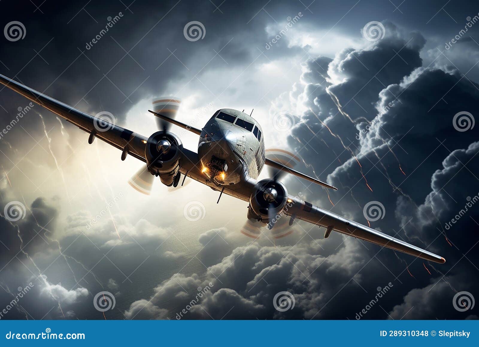 The Plane Flies through a Thunderstorm with Lightning Stock Photo ...