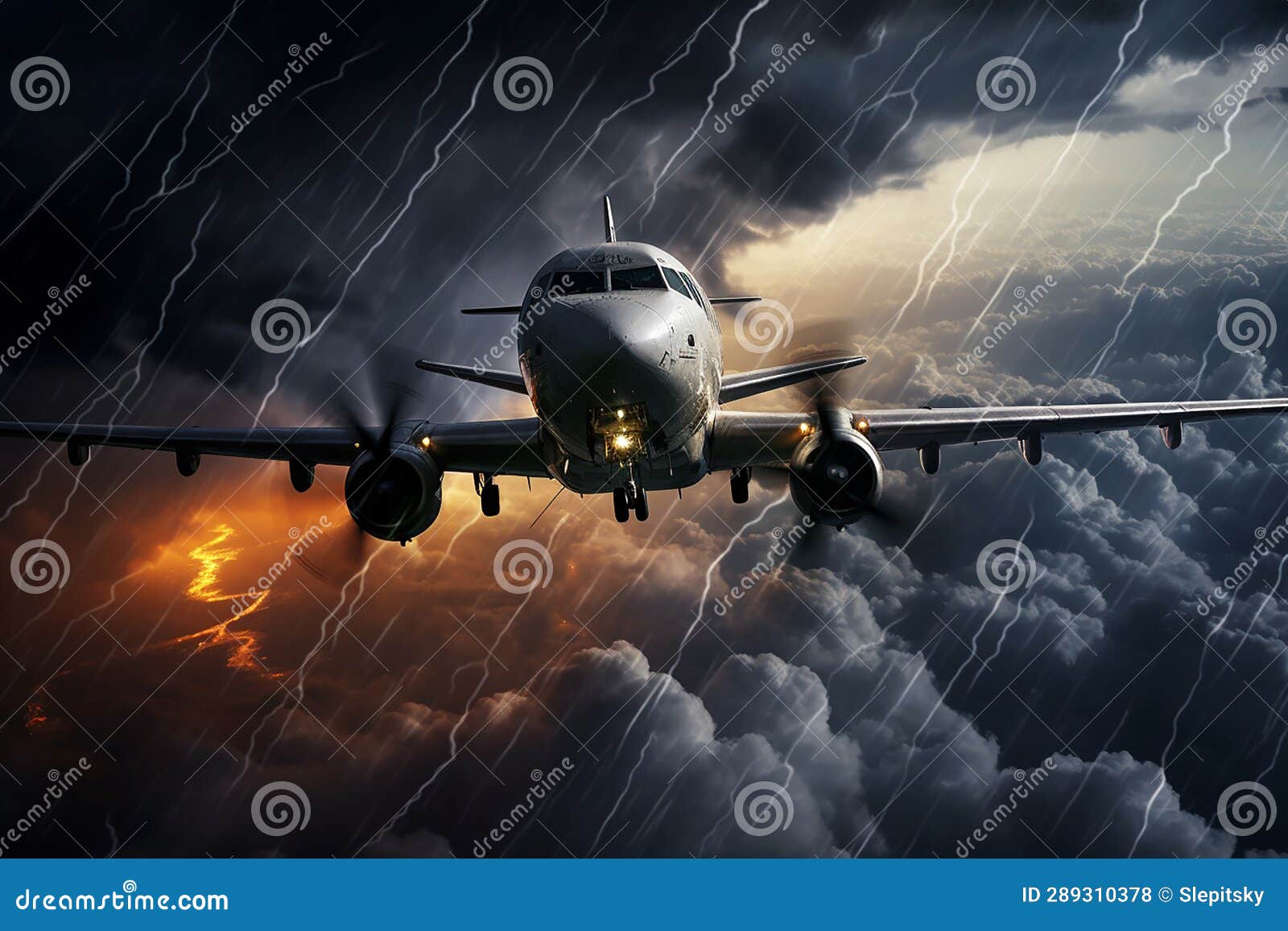 The Plane Flies through a Thunderstorm with Lightning Stock Photo ...