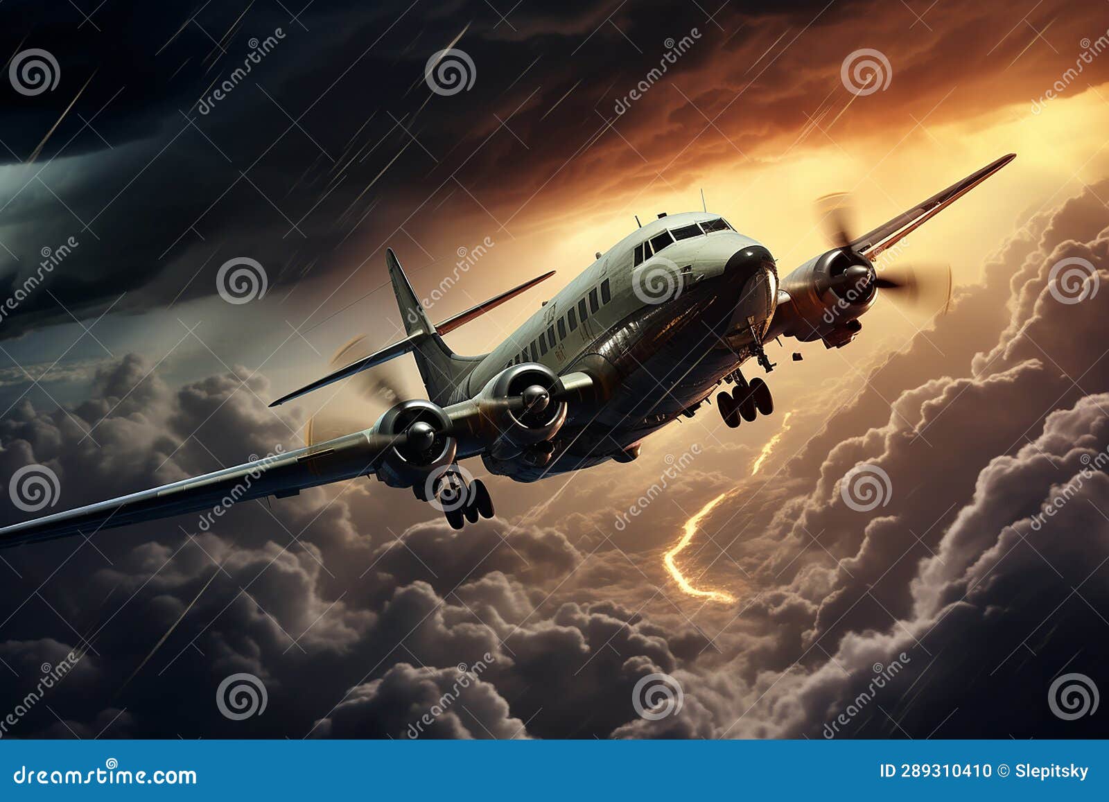 The Plane Flies through a Thunderstorm with Lightning Stock Photo ...