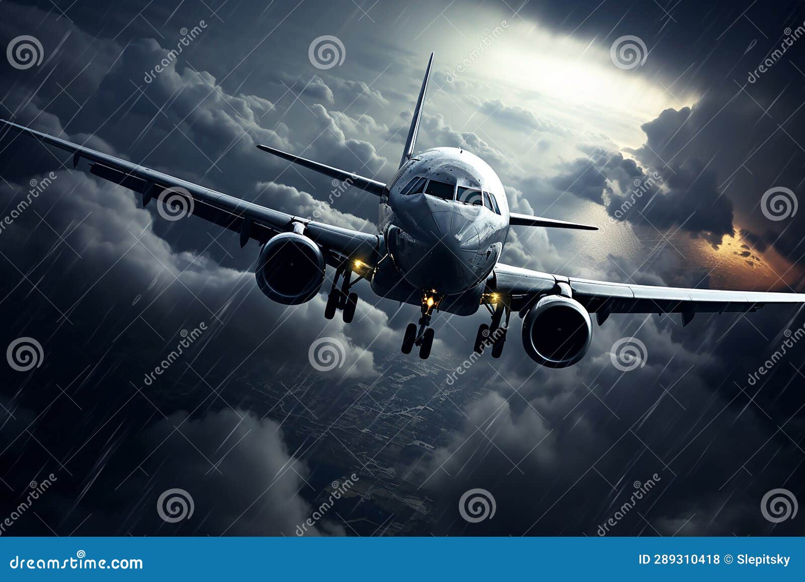 The Plane Flies through a Thunderstorm with Lightning Stock Photo ...