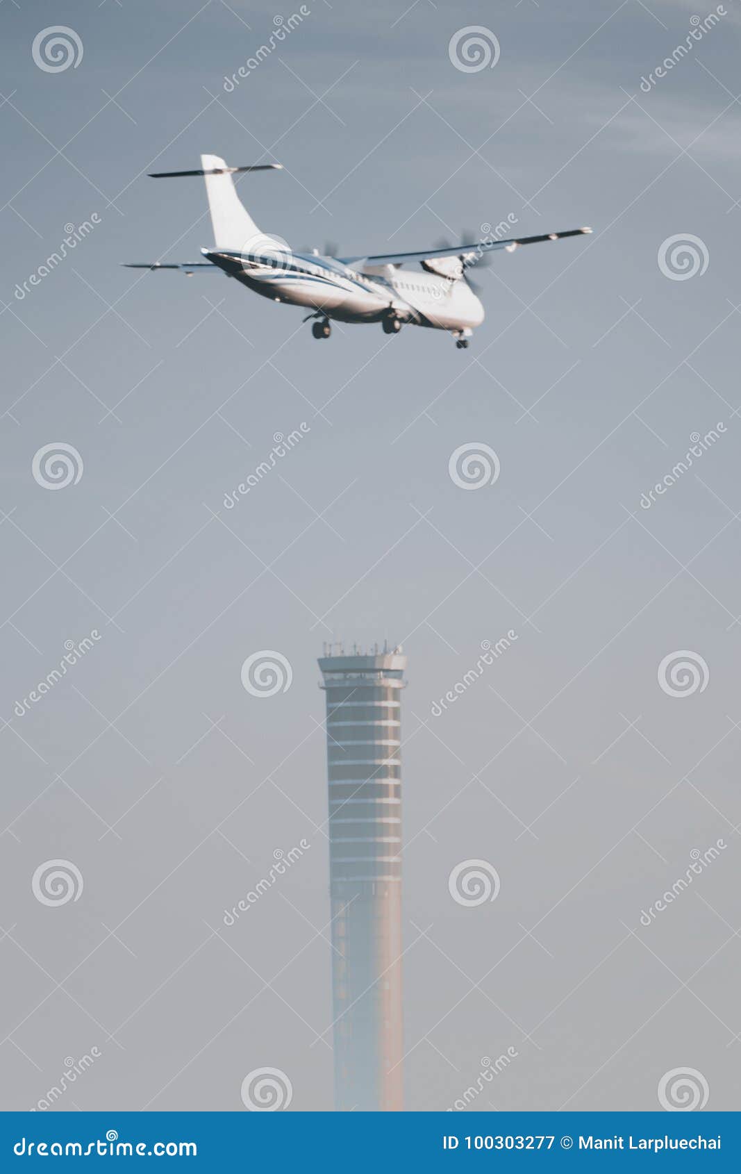 Plane through the Flight Control Tower. Stock Image - Image of travel ...