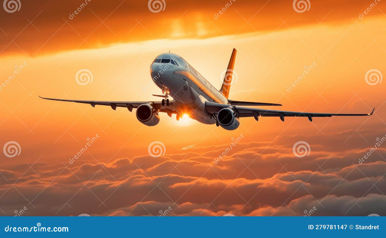 The Plane Fly Toward the Setting Sun. Beautiful Illustration Picture ...
