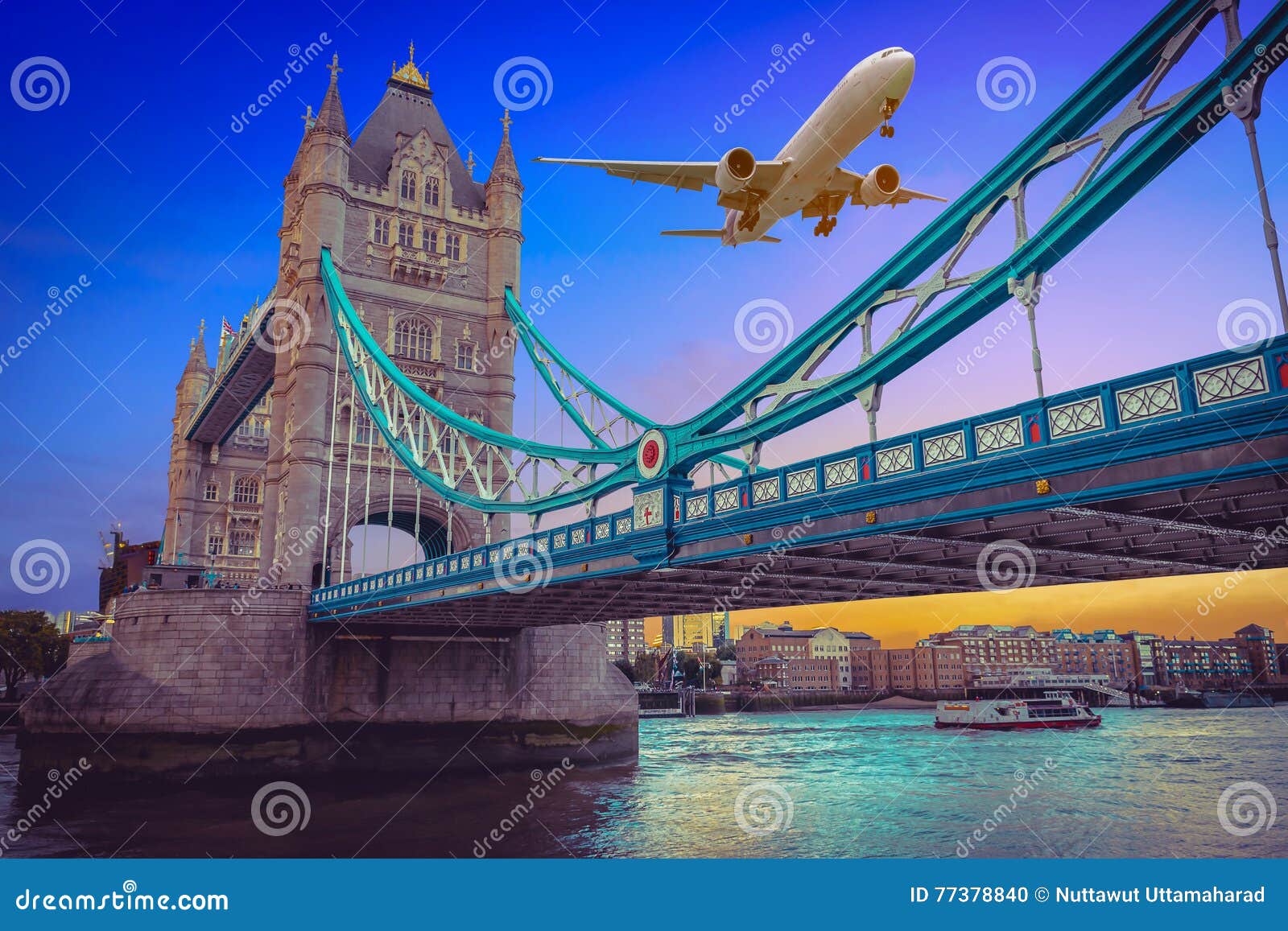Plane Flying Above Tower Bridge at Sunset in London Stock Photo - Image ...