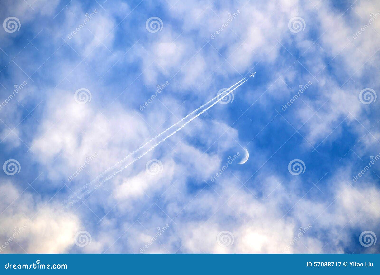 Plane Flying through Clouds with Moon Stock Image - Image of silhouette ...