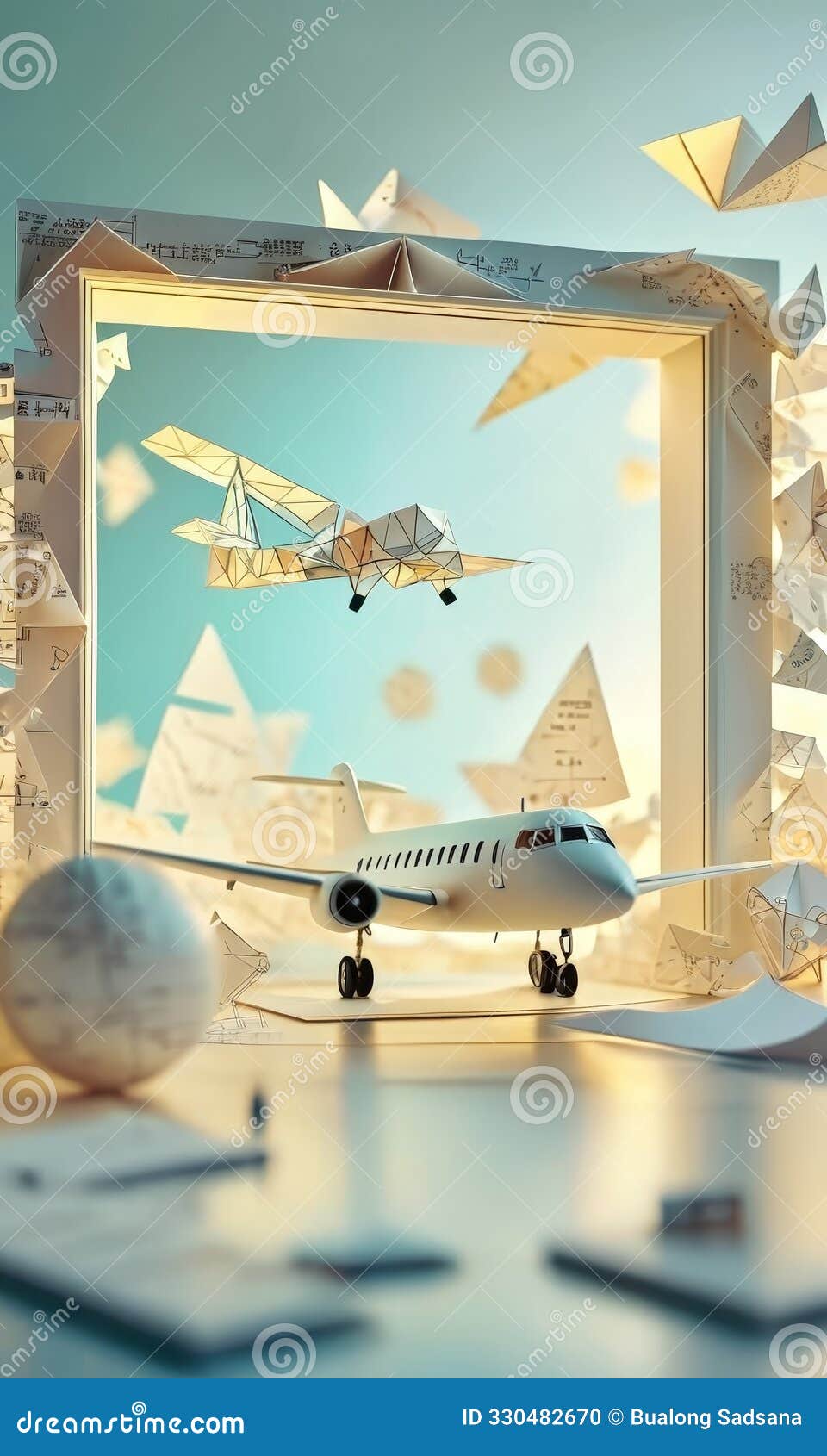 Plane is Flying through Frame with Paper Airplanes Stock Illustration ...