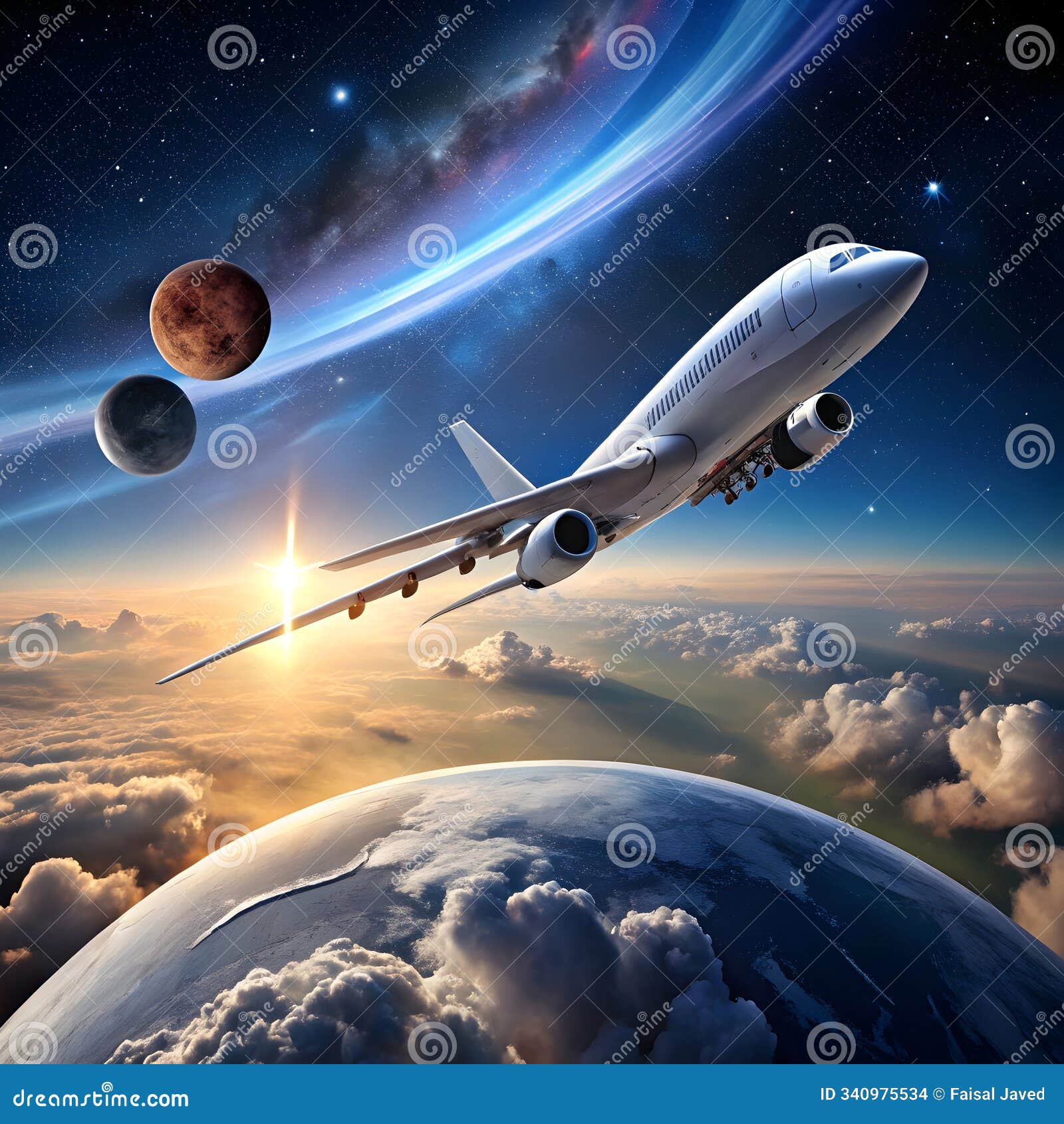A Plane is Flying through the Night Sky, Space Surrounded by a ...