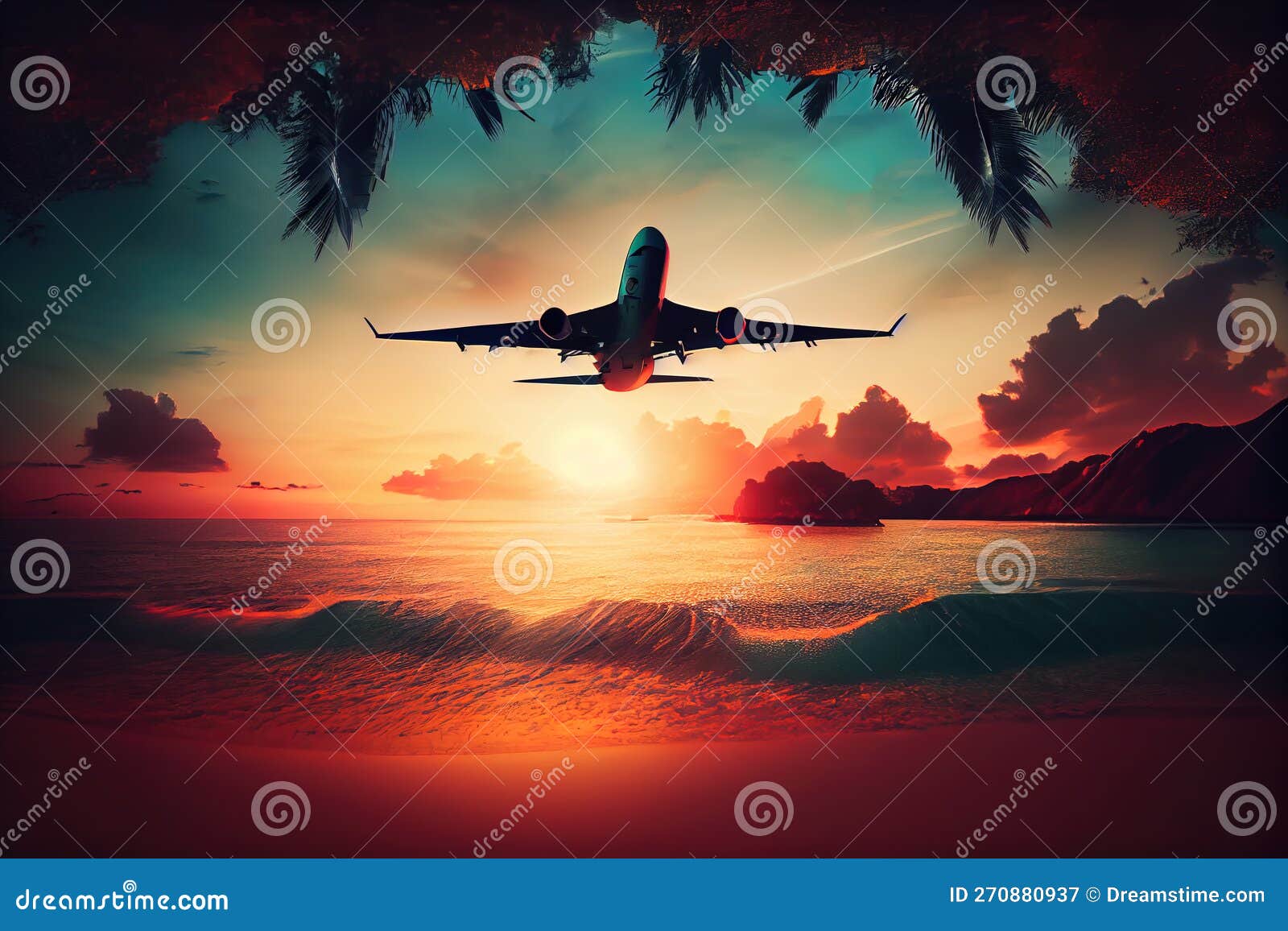 Plane Flying Over the Beach at Sunset. Generative AI, Generative, AI ...