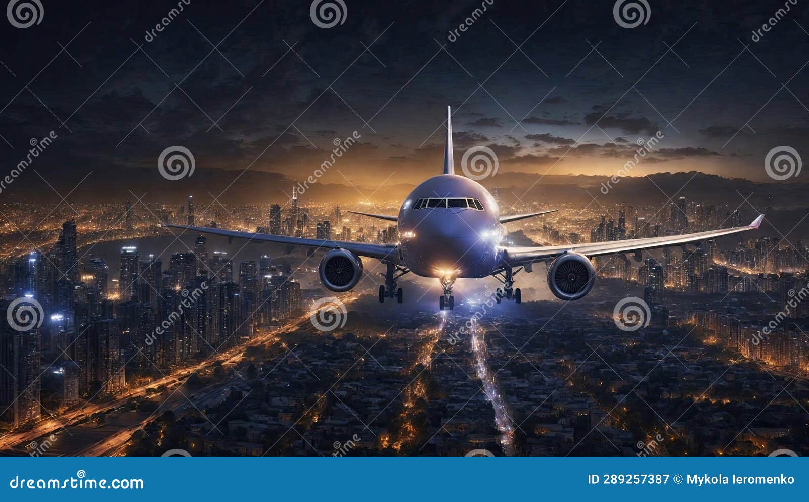 A Plane Flying Over a Big Evening City Stock Illustration ...