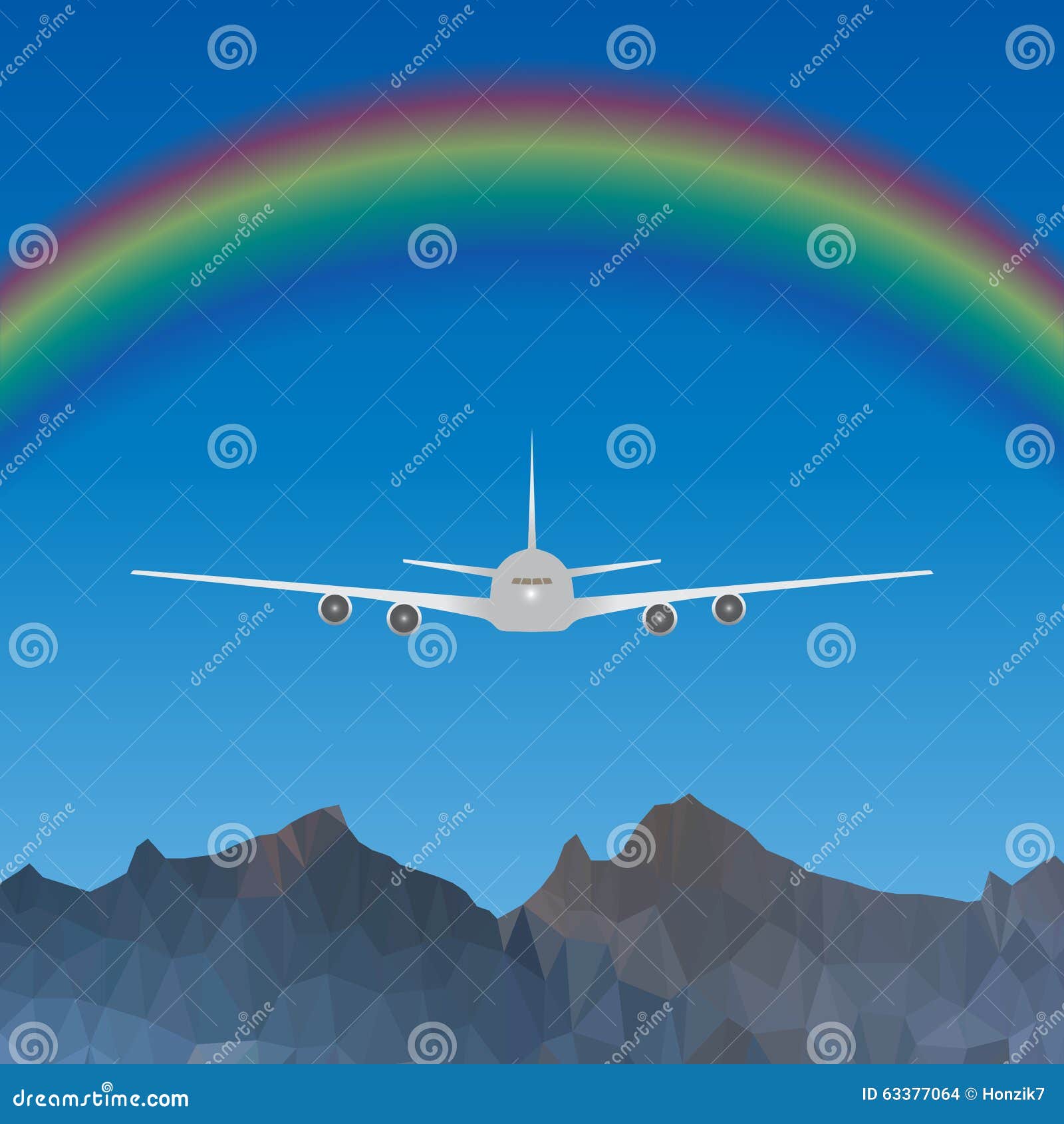 Plane Flying Over Blue Sky with Rainbow Over High Mountains Stock ...