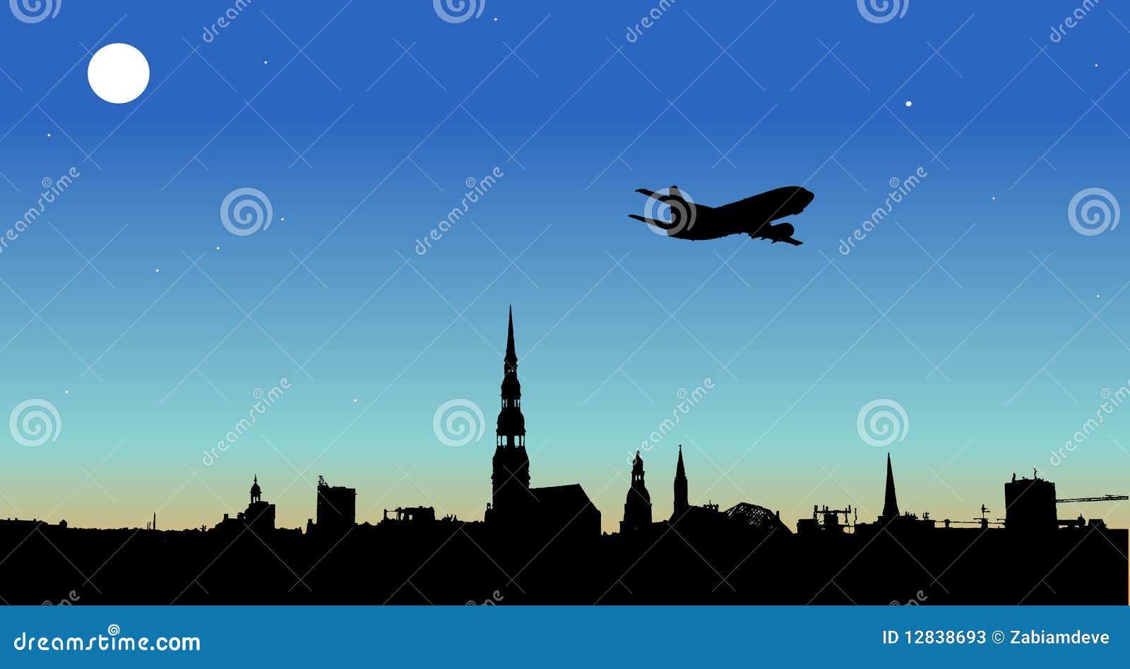 Plane flying over the city stock vector. Illustration of silhouette ...