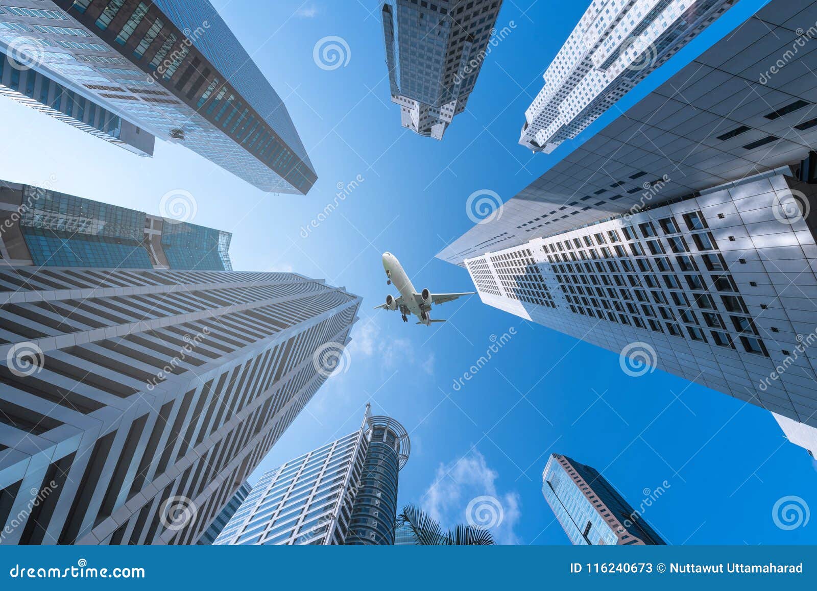 Plane Flying Over City on Blue Sky Stock Image - Image of airplane ...