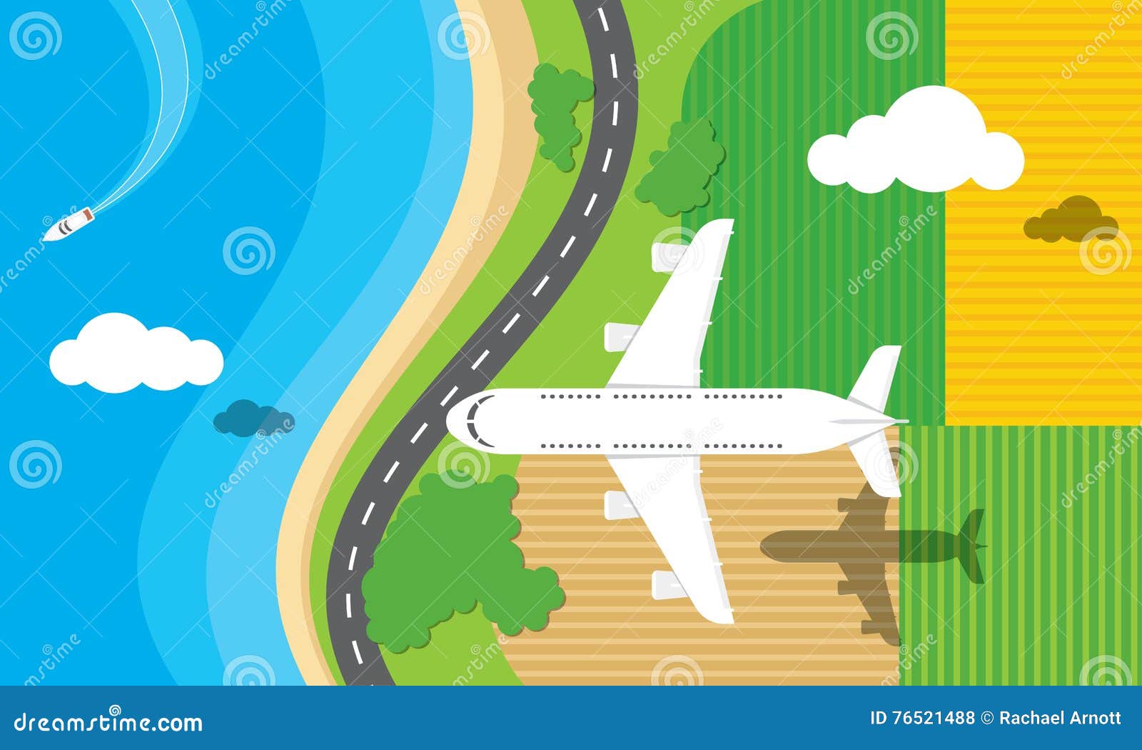 Plane Flying Over a Road, Fields and the Sea Stock Vector ...