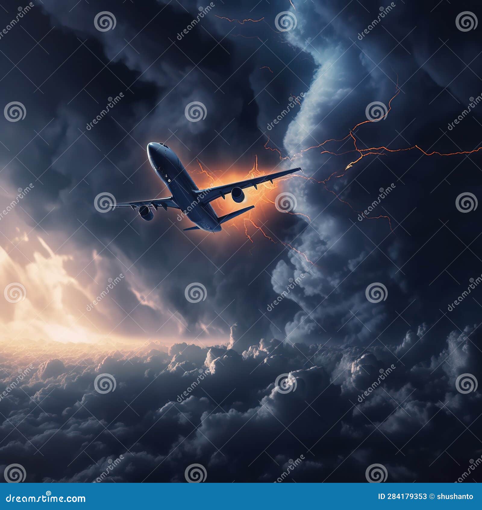 A Plane Flying through a Scary Cloud at the Darkest Hour Stock ...