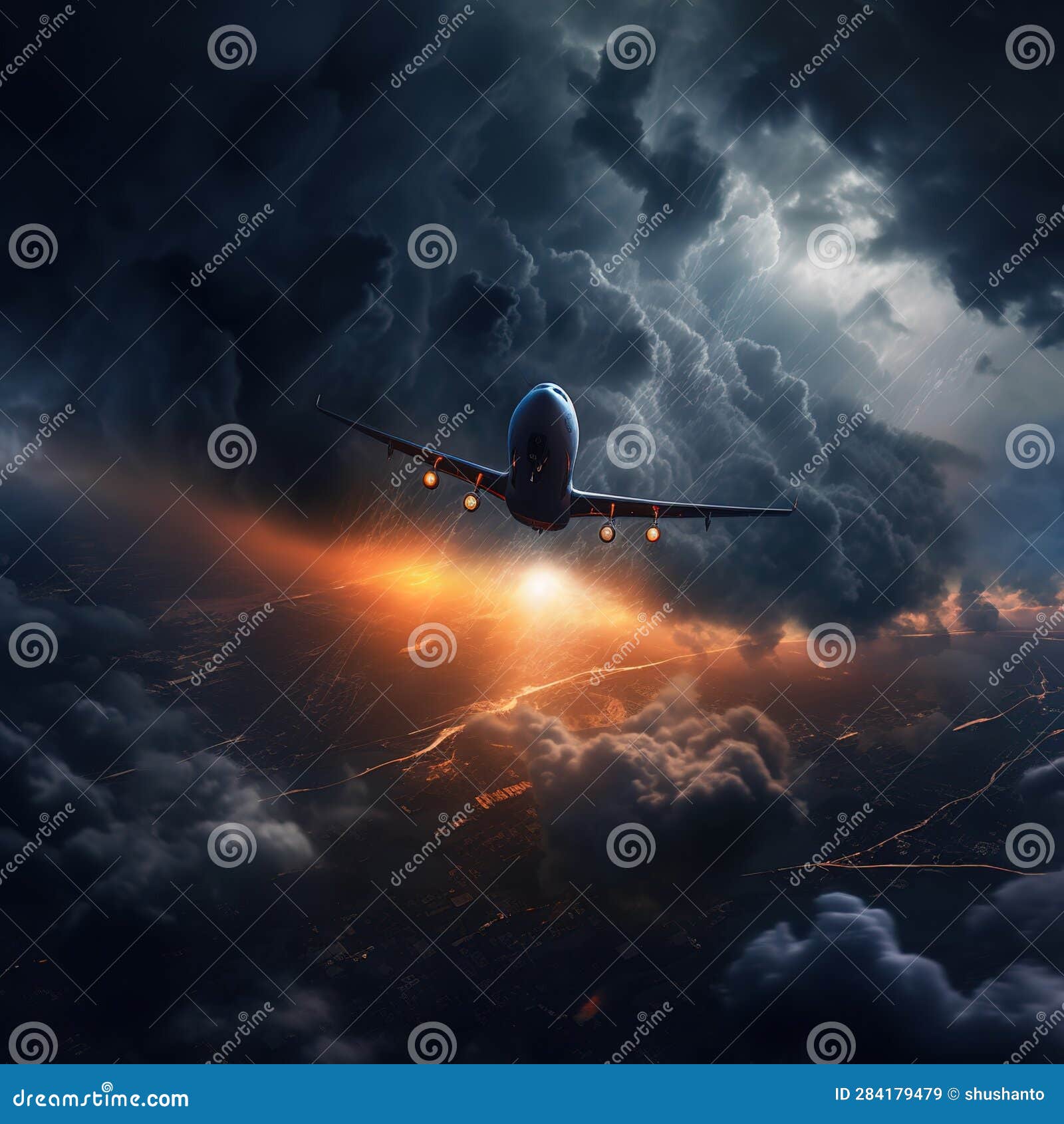 A Plane Flying through a Scary Cloud at the Darkest Hour Stock ...