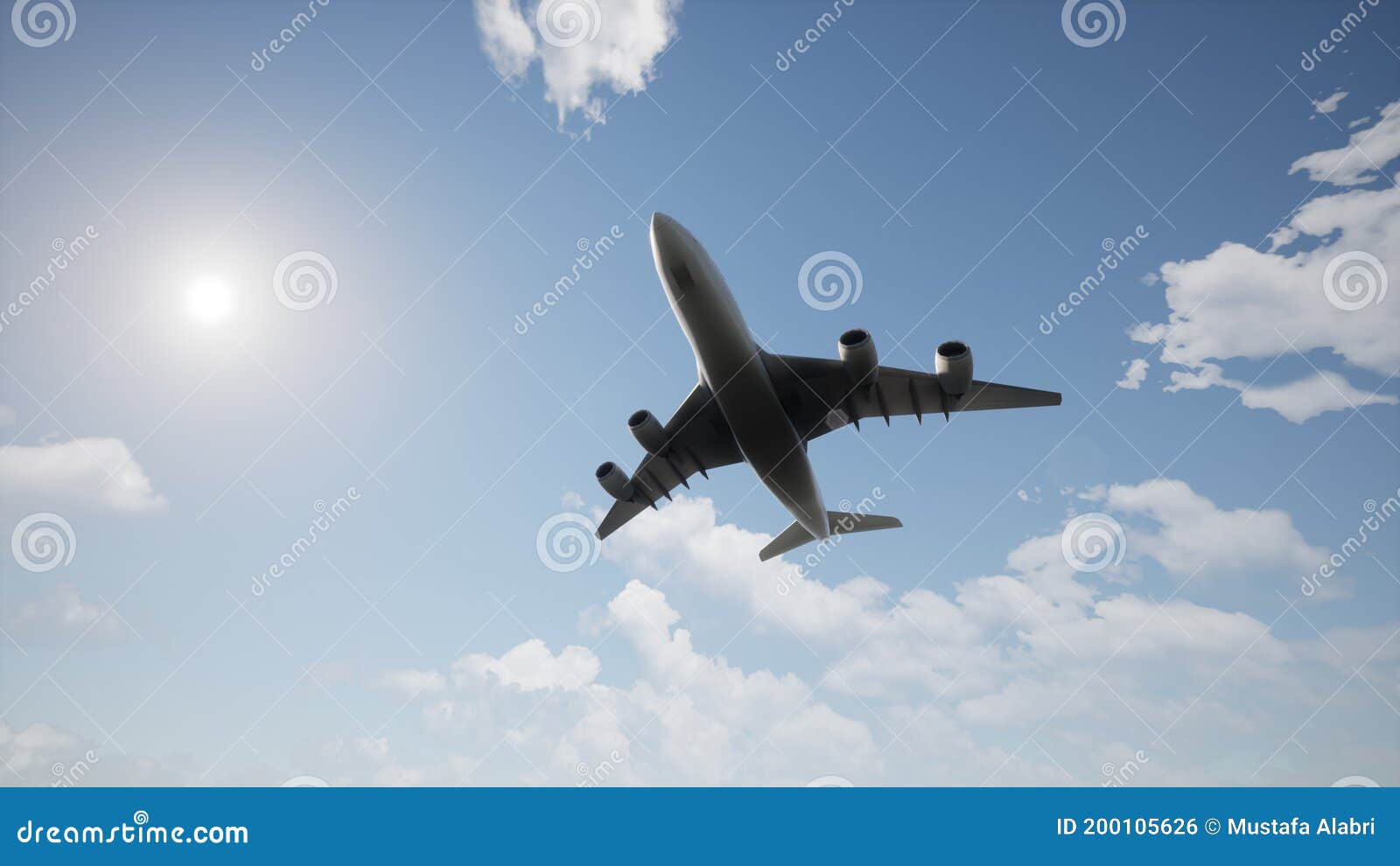 A Plane Flying in the Sky, 3d Rendering Stock Illustration ...