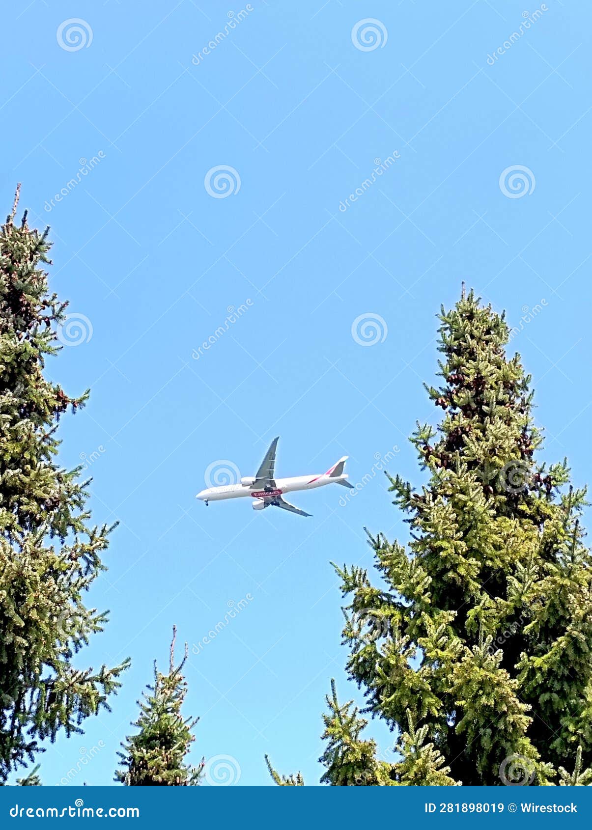 The Plane is Flying in the Sky Over Some Trees in the Park Stock Image ...