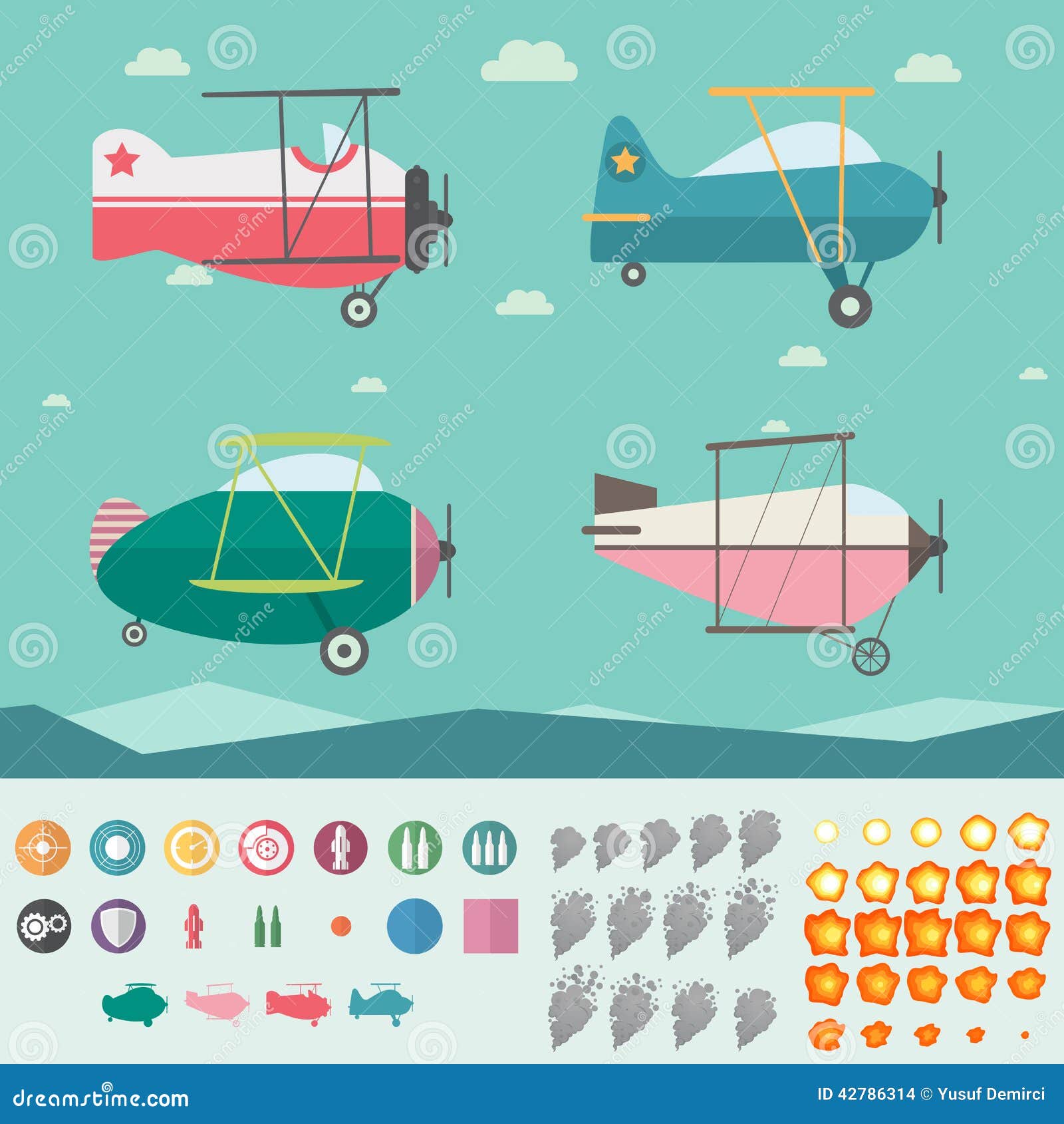 Plane Game Asset (Four Planes, Background, Icons, Stock Vector ...