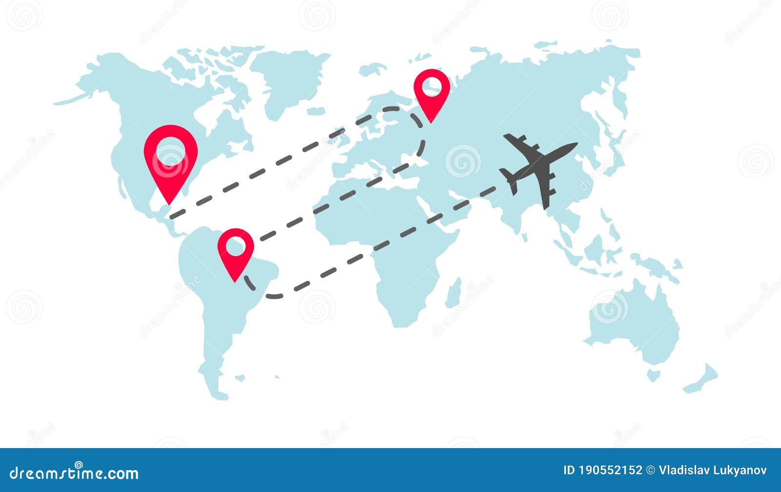 Plane Global World Map Flight Way Path Trace With Arrival Pin Pointer