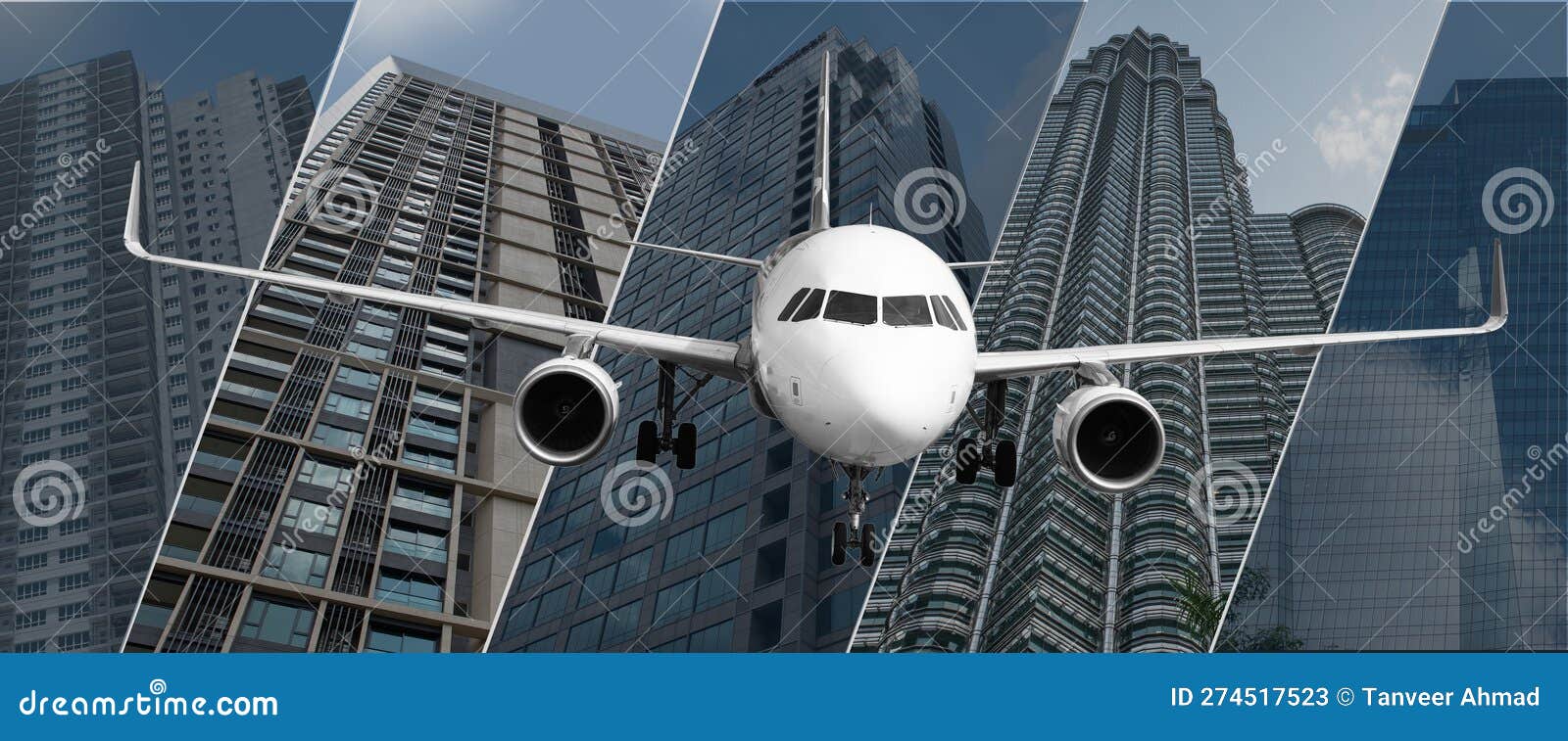 Plane Landing Front View with Skyscraper Buildings in the Background ...