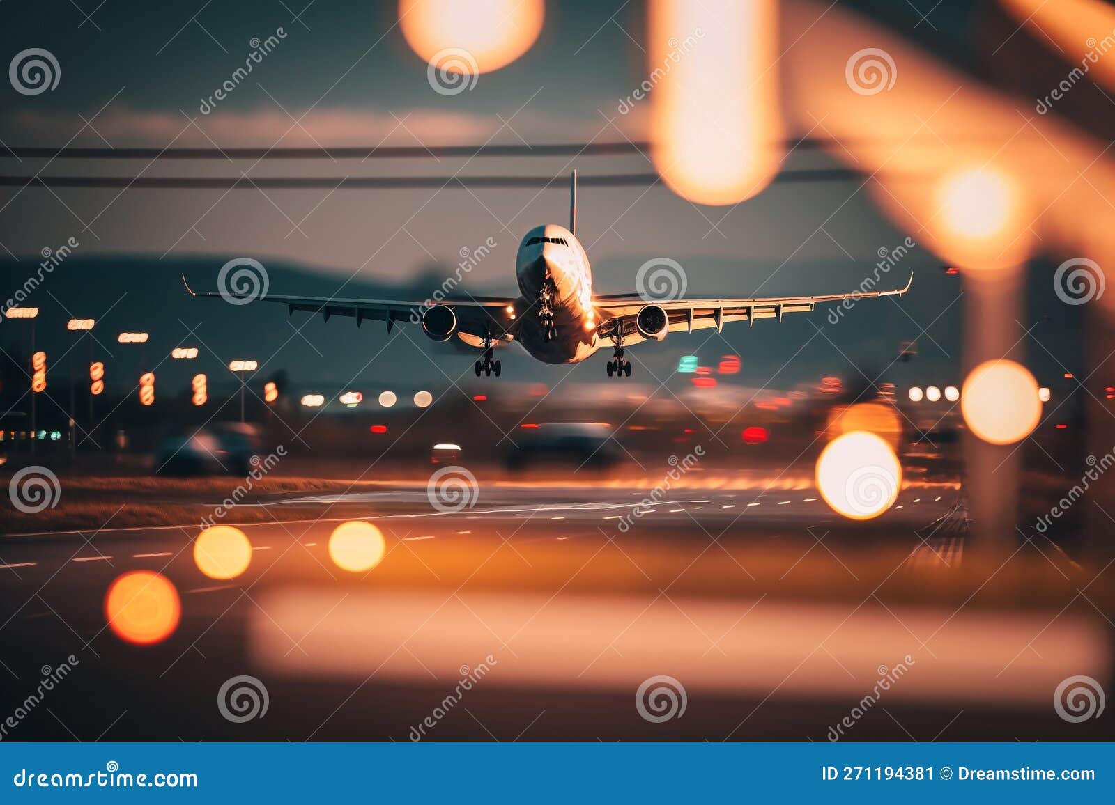 Plane Landing, Runway in Night Lights Generative AI Stock Illustration ...