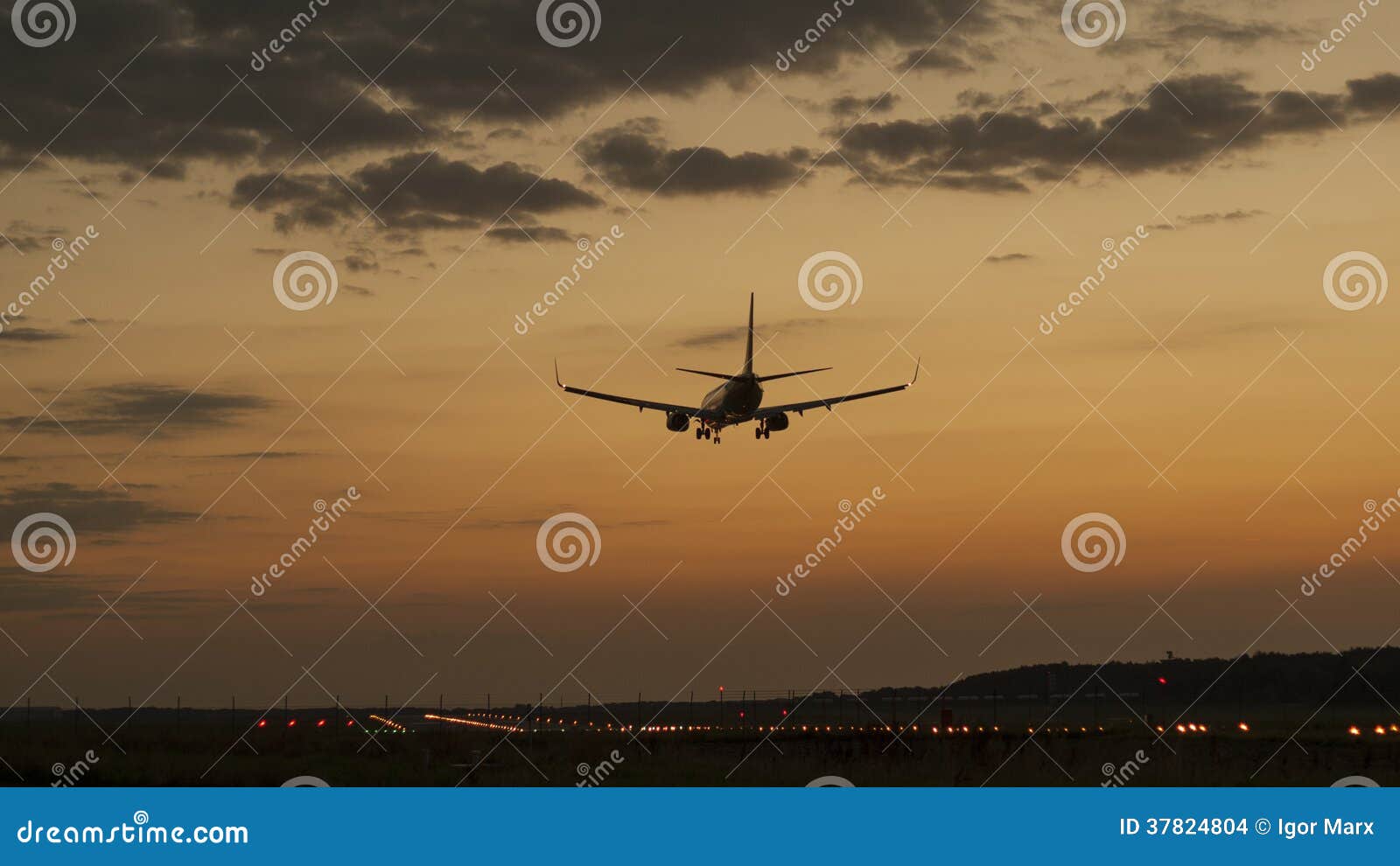 Plane landing in a sunset stock photo. Image of flight - 37824804