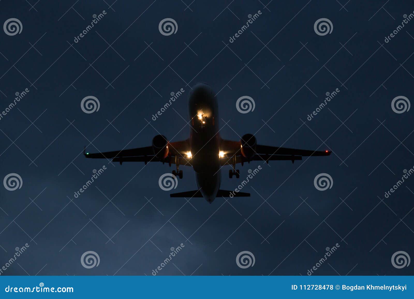 The plane lands at night stock photo. Image of leaving - 112728478