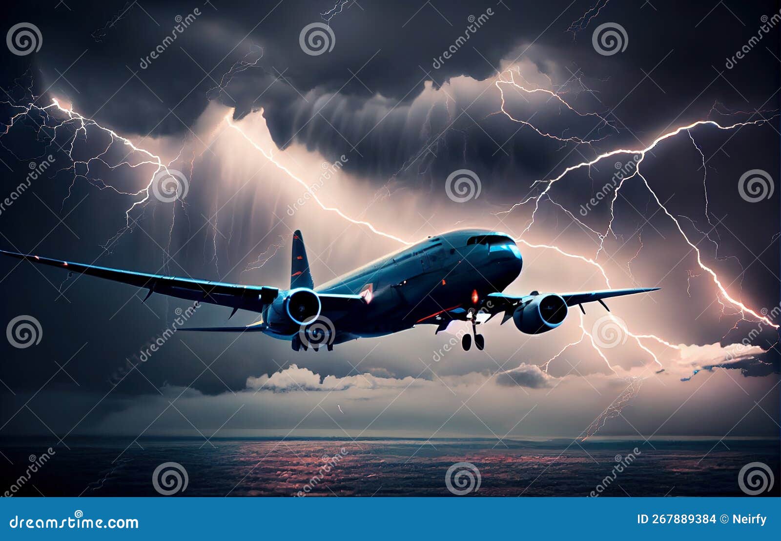 Plane with lightning stock illustration. Illustration of stormy - 267889384