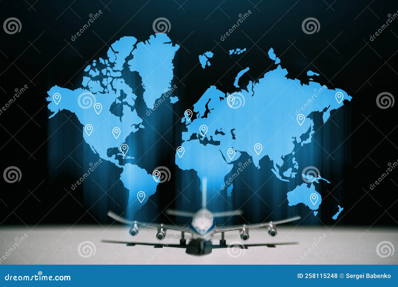 Plane Model with Holographic World Map with Waypoints Stock Photo ...