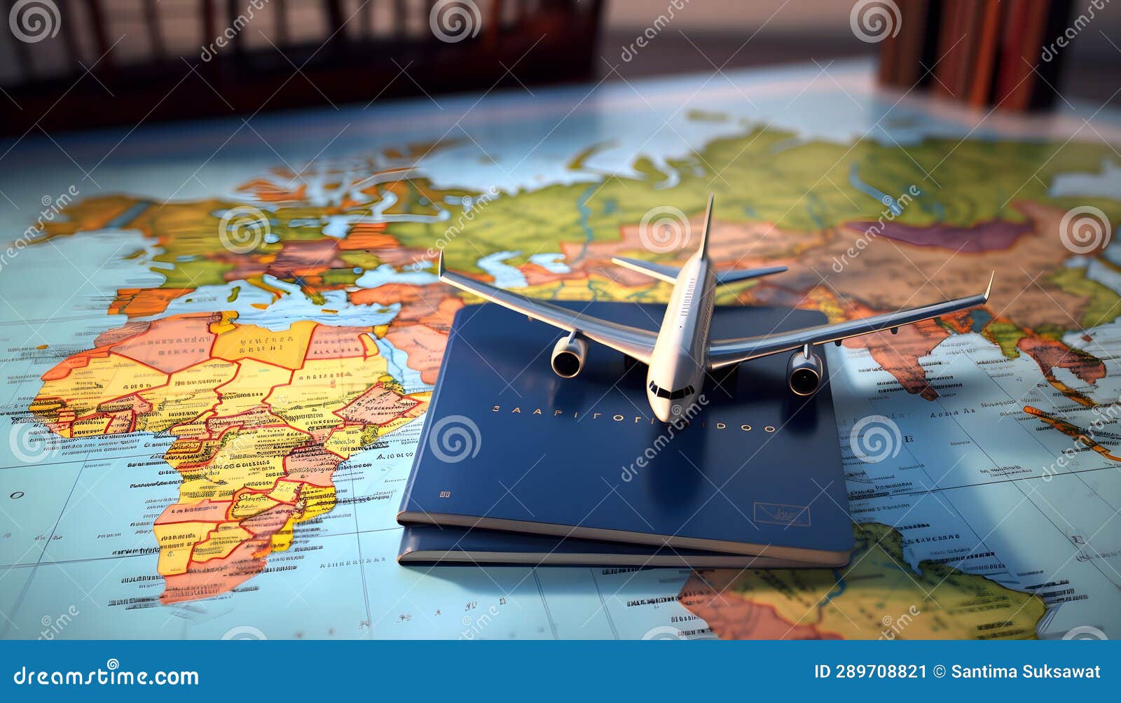 Plane Model on Passport with Map. Travel Concept Stock Illustration ...