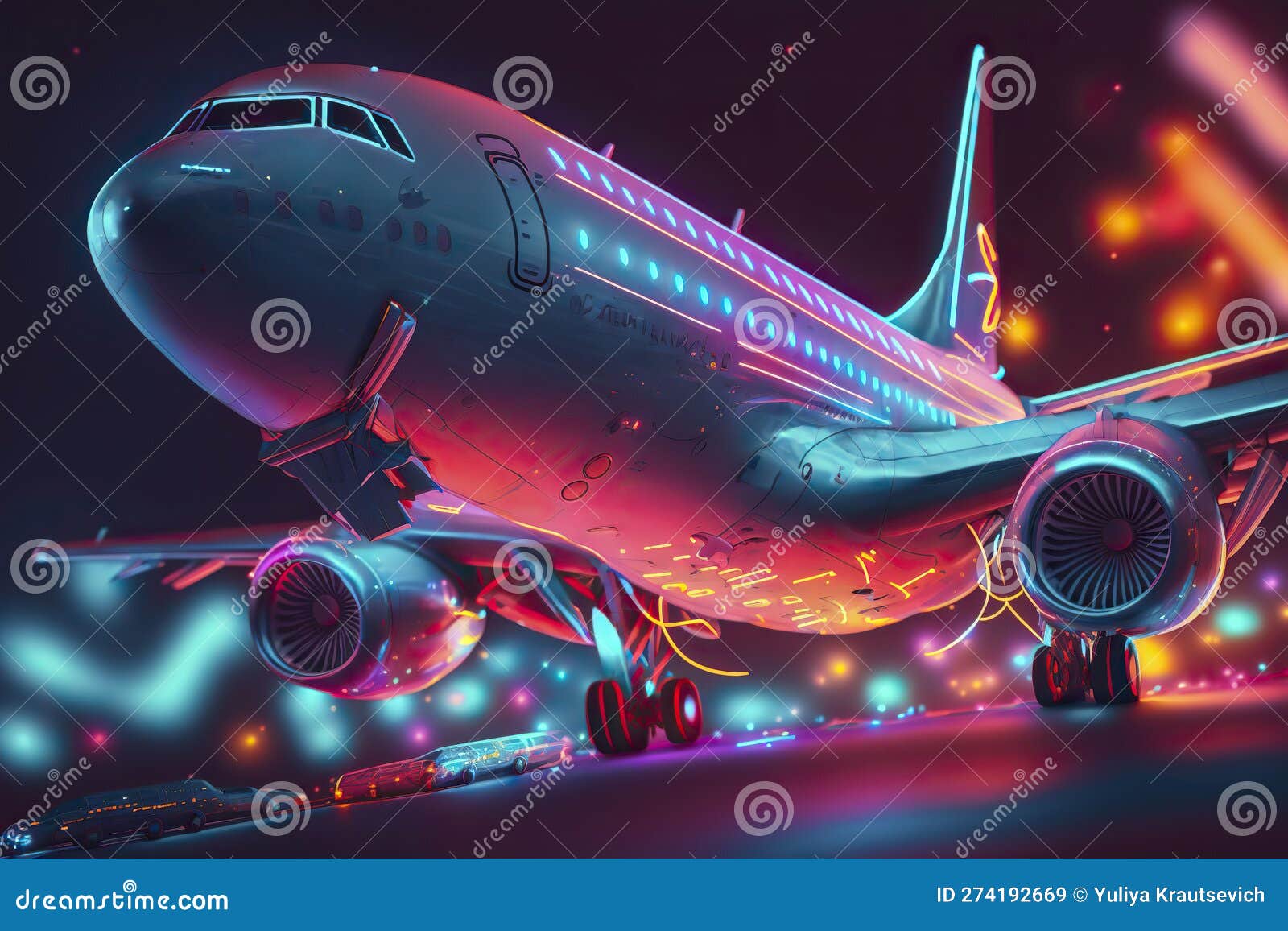 Plane in Neon Colors. Generative AI Stock Illustration - Illustration ...