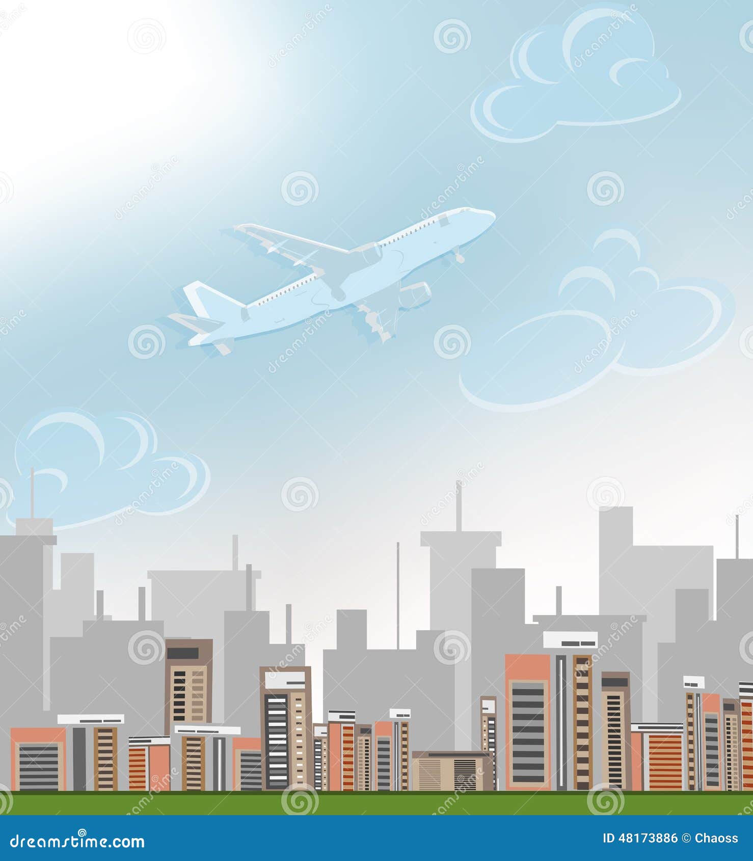 Plane over city stock vector. Illustration of city, airplane - 48173886