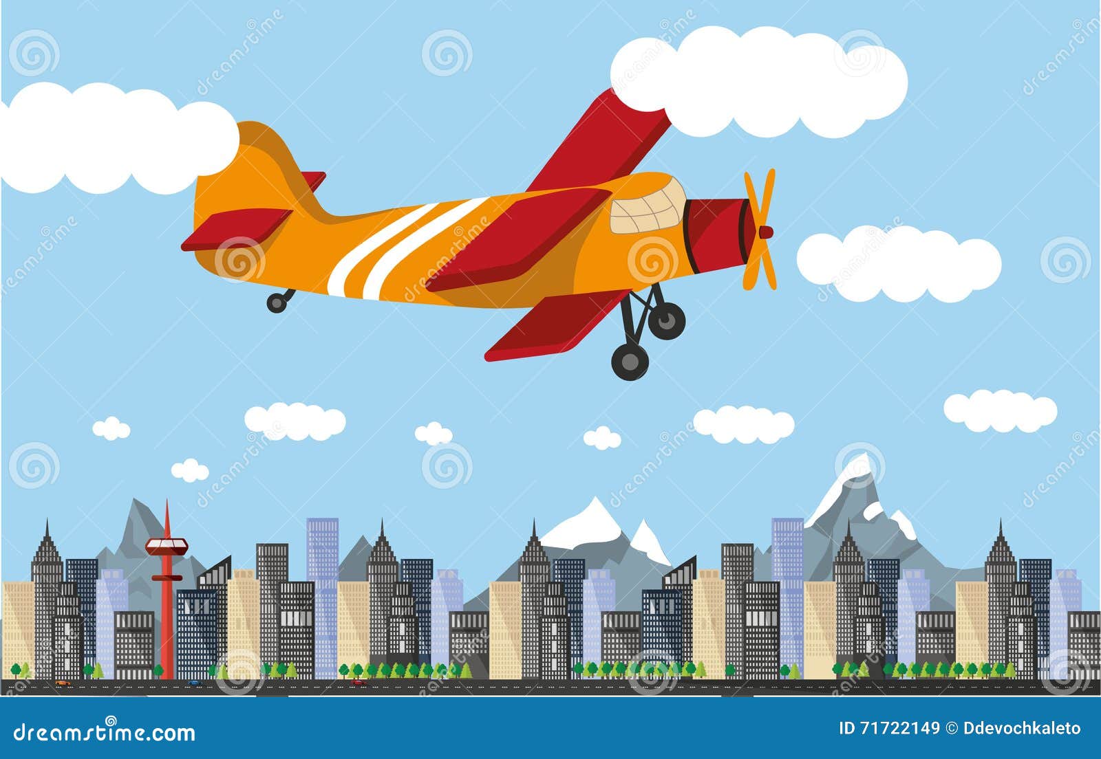Plane Over The City Cartoon Vector | CartoonDealer.com #71722149